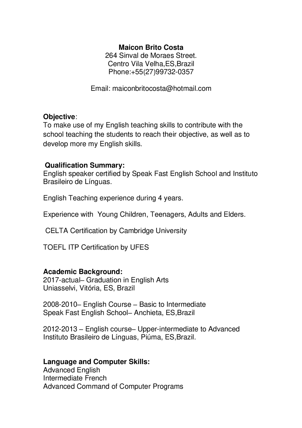 RESUMÉ EM INGLES COMO MONTAR - Docsity