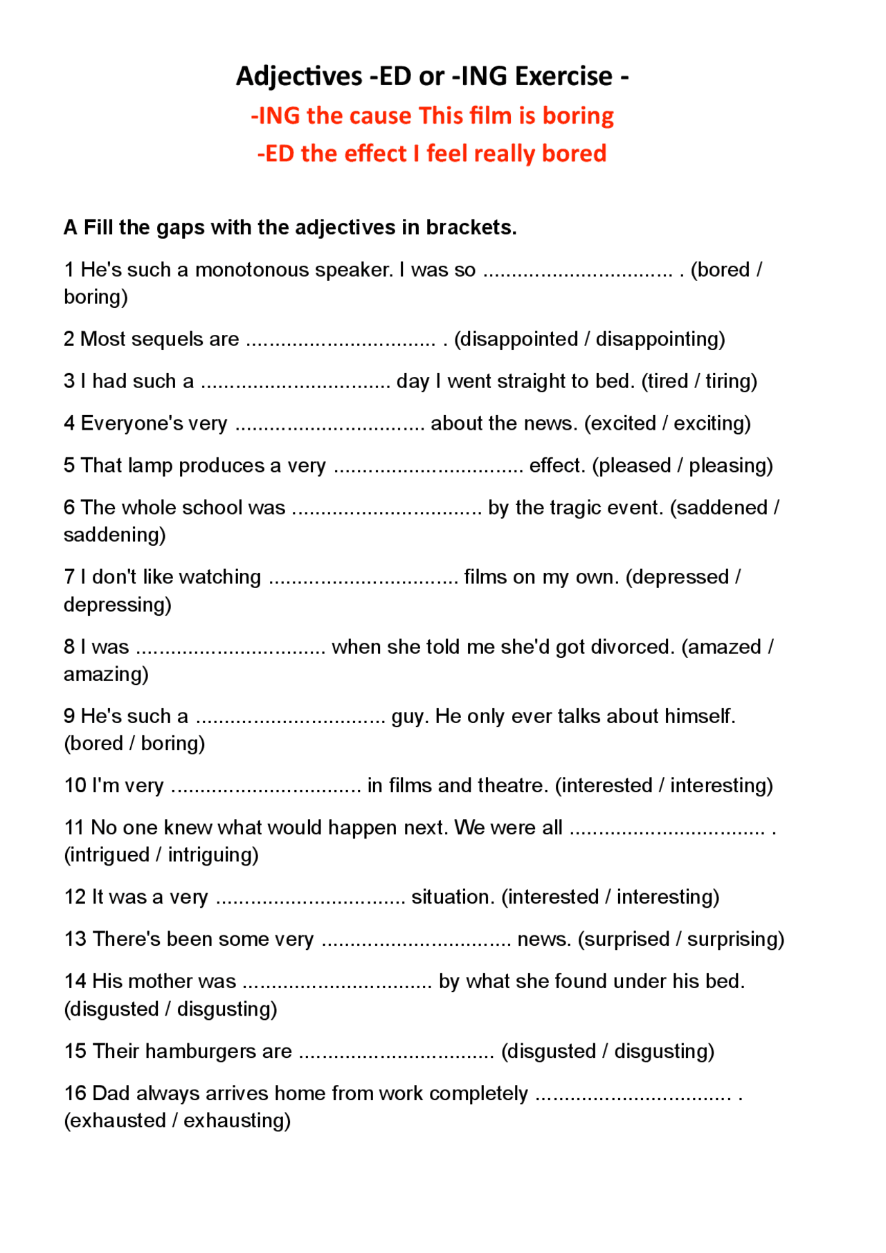 Ejercicio De Ed Ing Adjectives Adjectives Ending In ED And ING