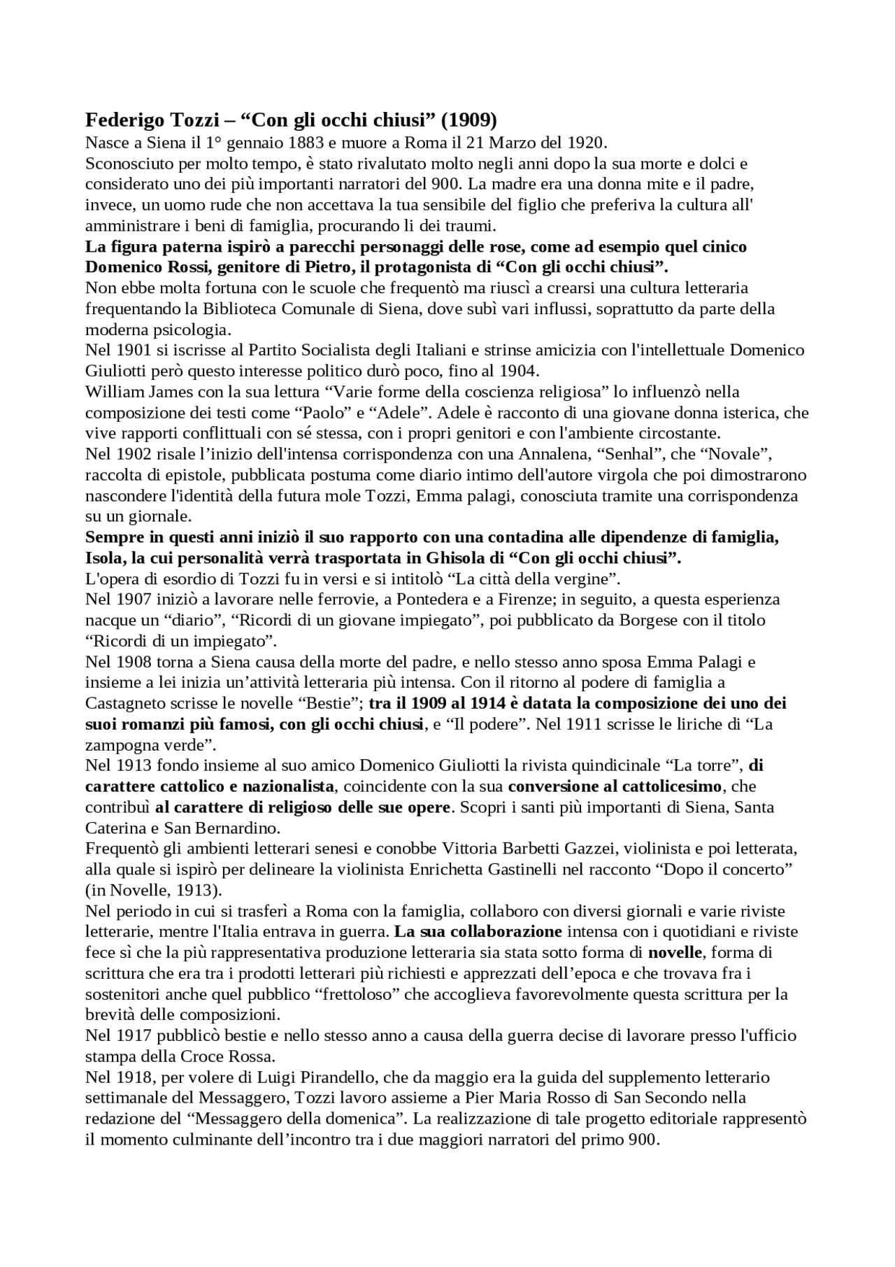 Federigo Tozzi Con Gli Occhi Chiusi Docsity