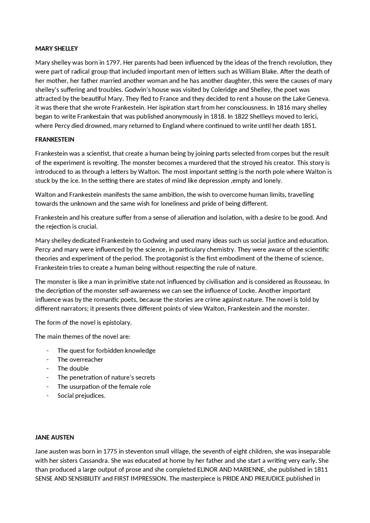 Jane Austen and Mary shelley - Docsity