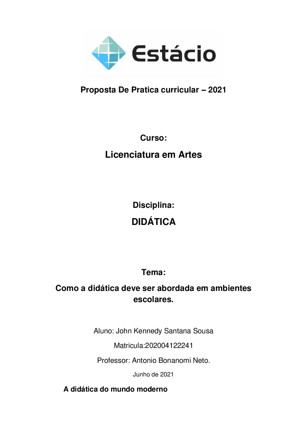 PCC DE DIDÁTICA- ESTÁCIO 2021 - Docsity