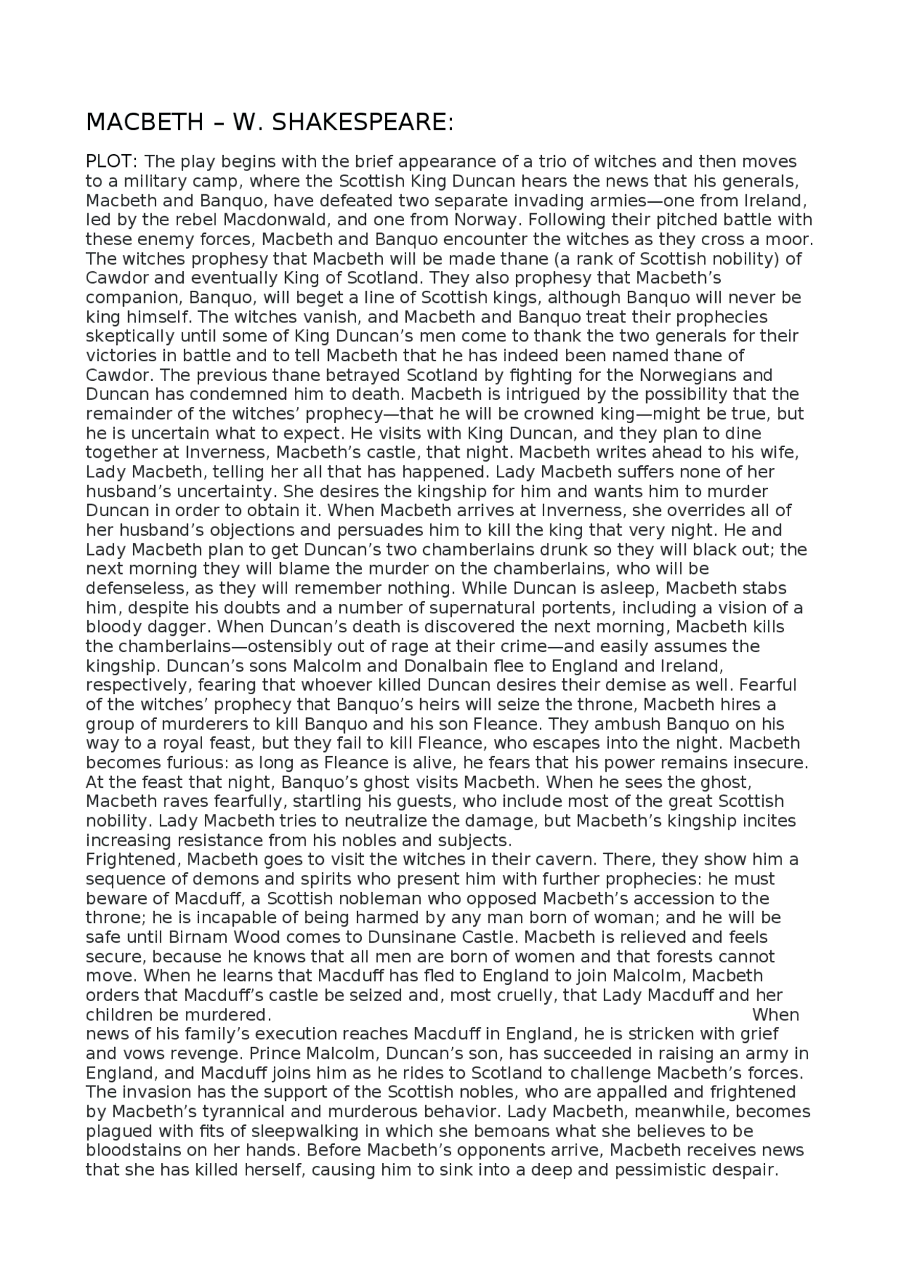 Summary Of Macbeth Shakespeare Docsity