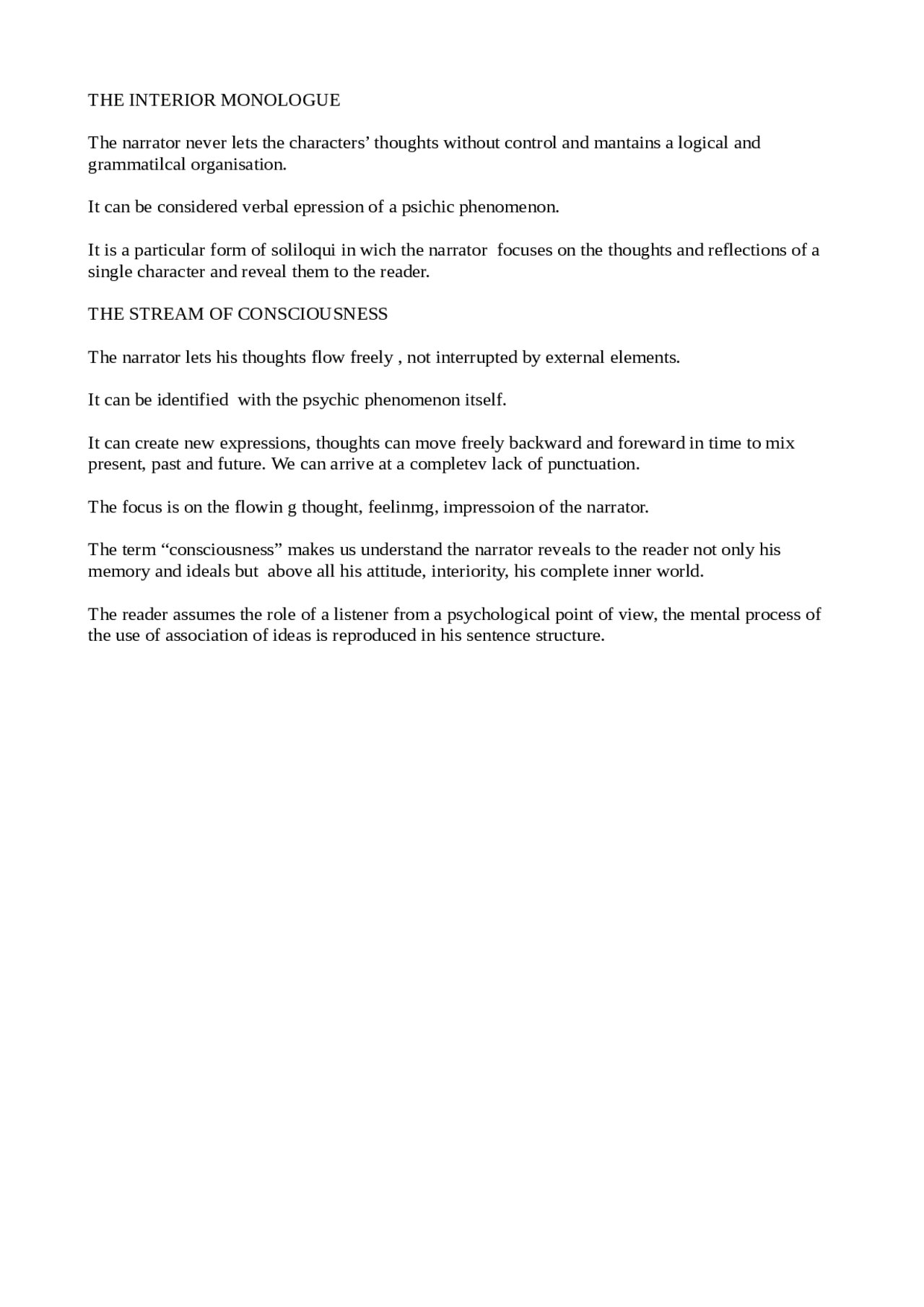 Interior monologue e stream of consciousness - Docsity