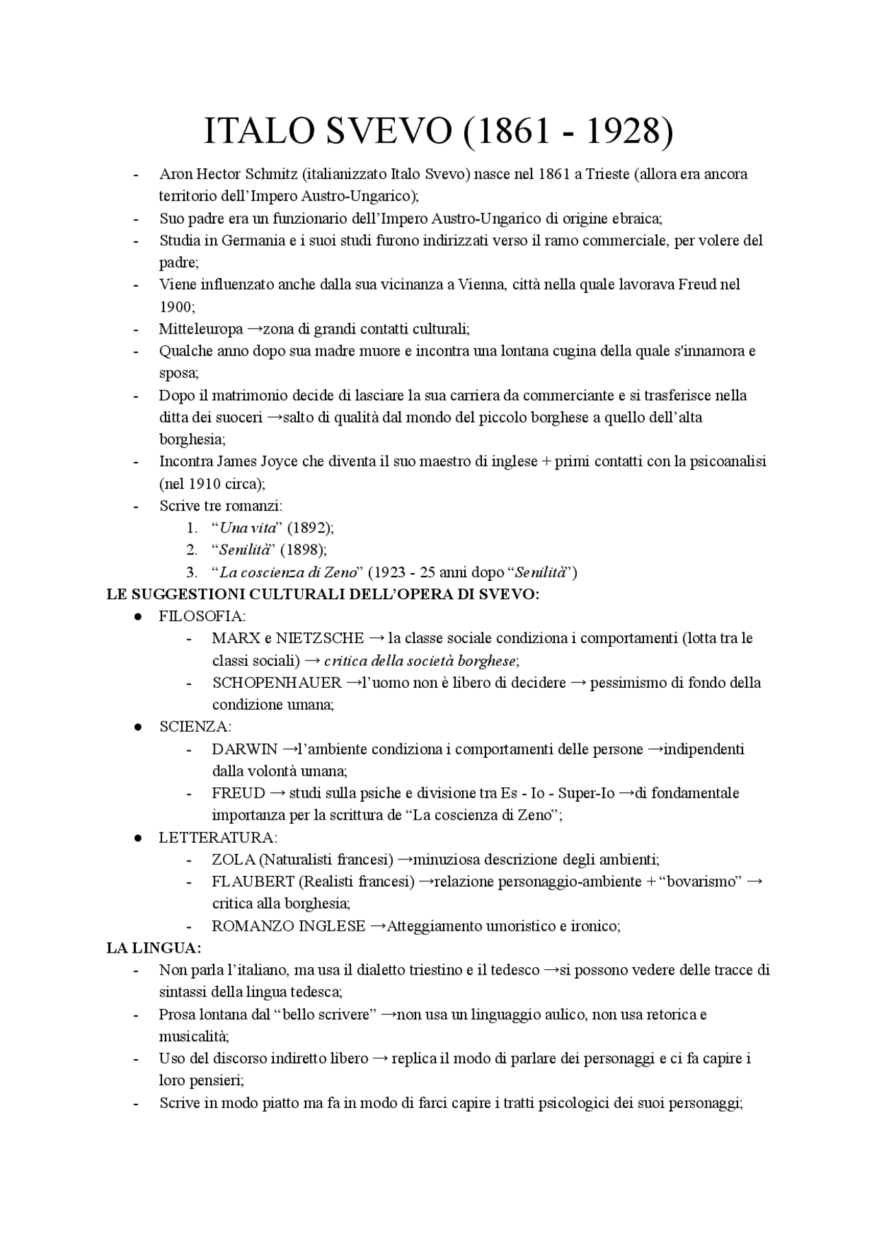 APPUNTI DI LETTERATURA ITALIANA SU ITALO SVEVO + TABELLA CONFRONTO TRA SVEVO VS. PIRANDELLO ...