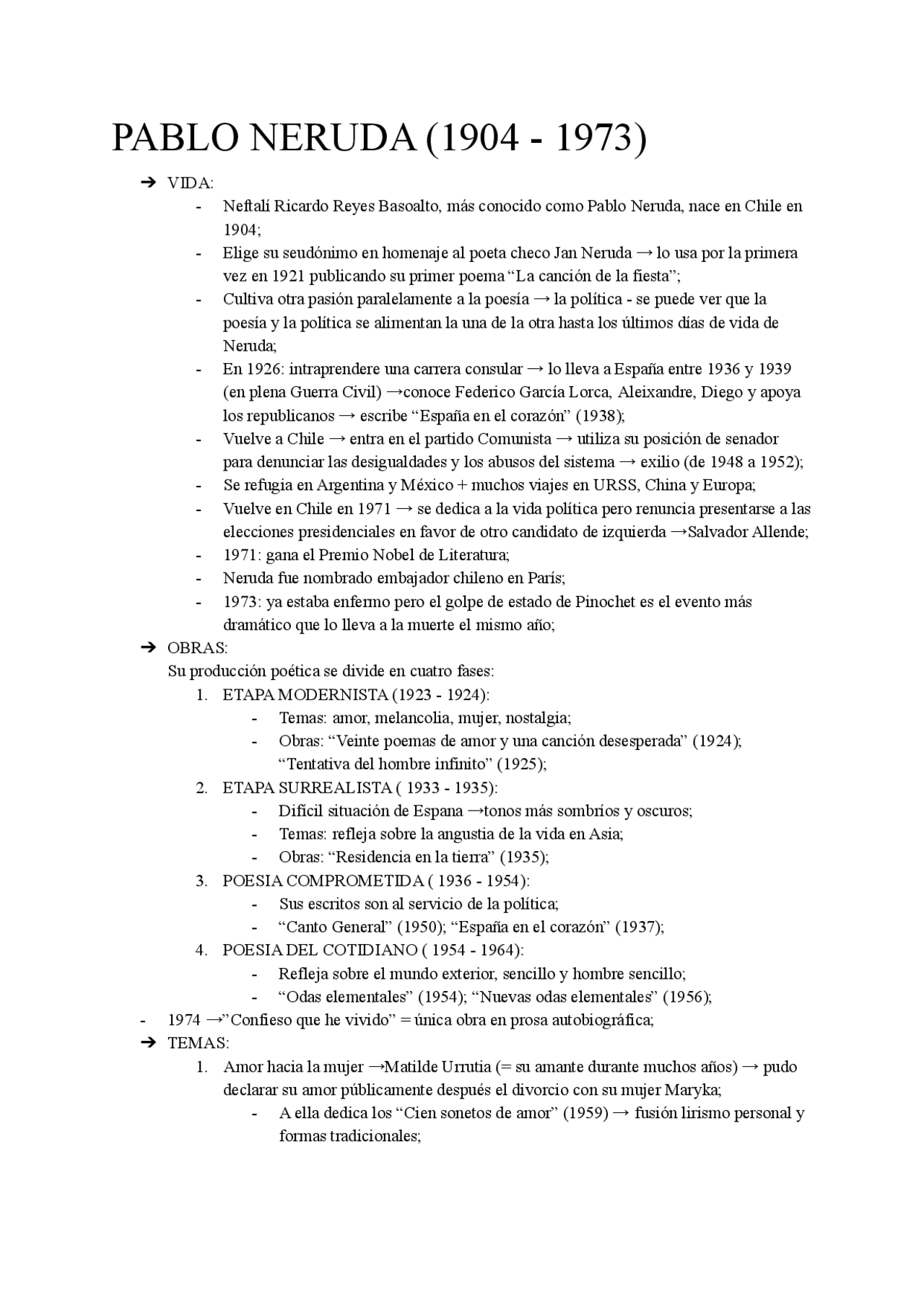 APPUNTI DI LETTERATURA SPAGNOLA SU PABLO NERUDA - Docsity