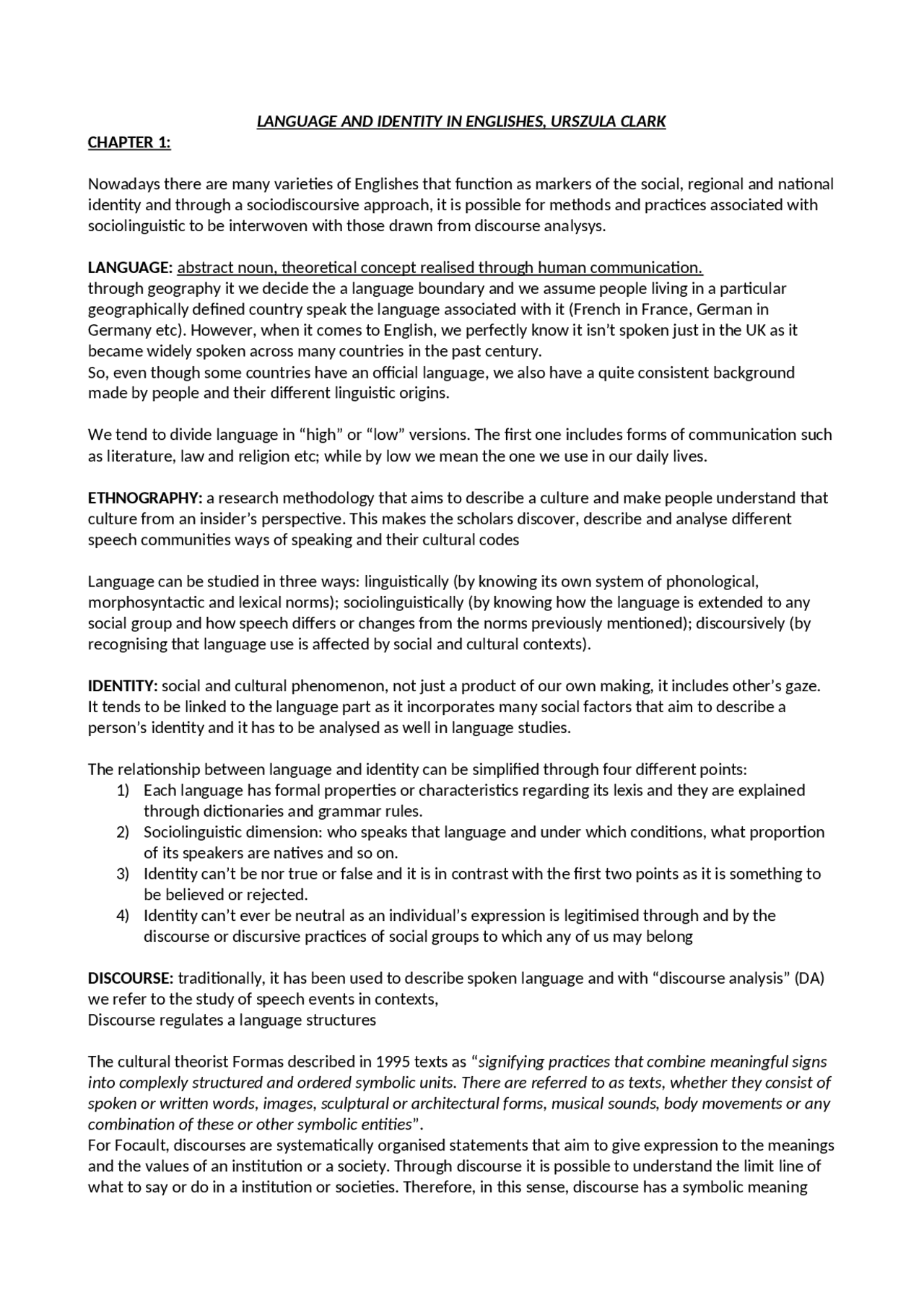 LANGUAGE AND IDENTITY IN ENGLISHES | Sintesi del corso di Lingua ...