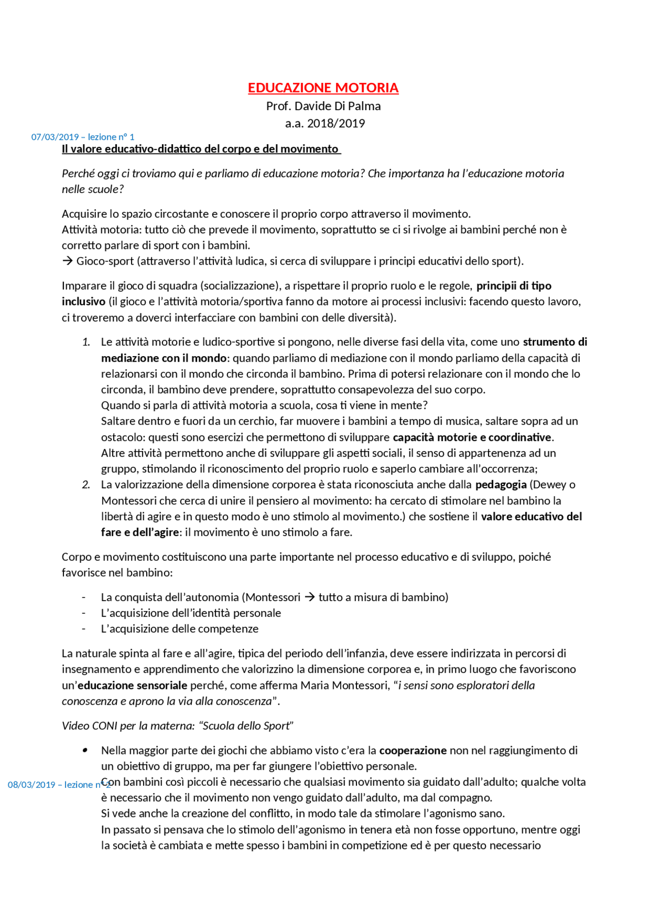 Appunti Educazione Motoria Docsity