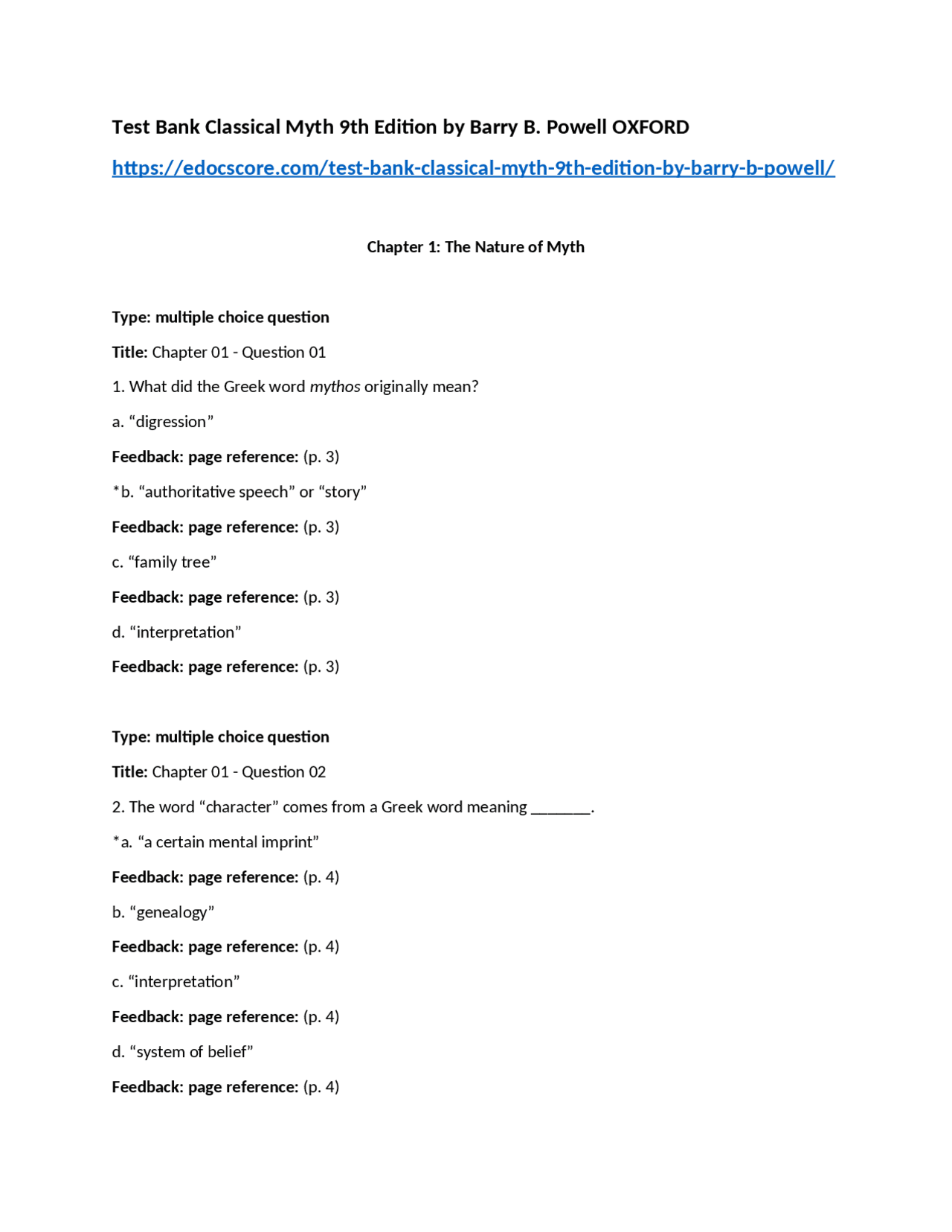 Test Bank Classical Myth 9th Edition by Barry B. Powell OXFORD.docx ...