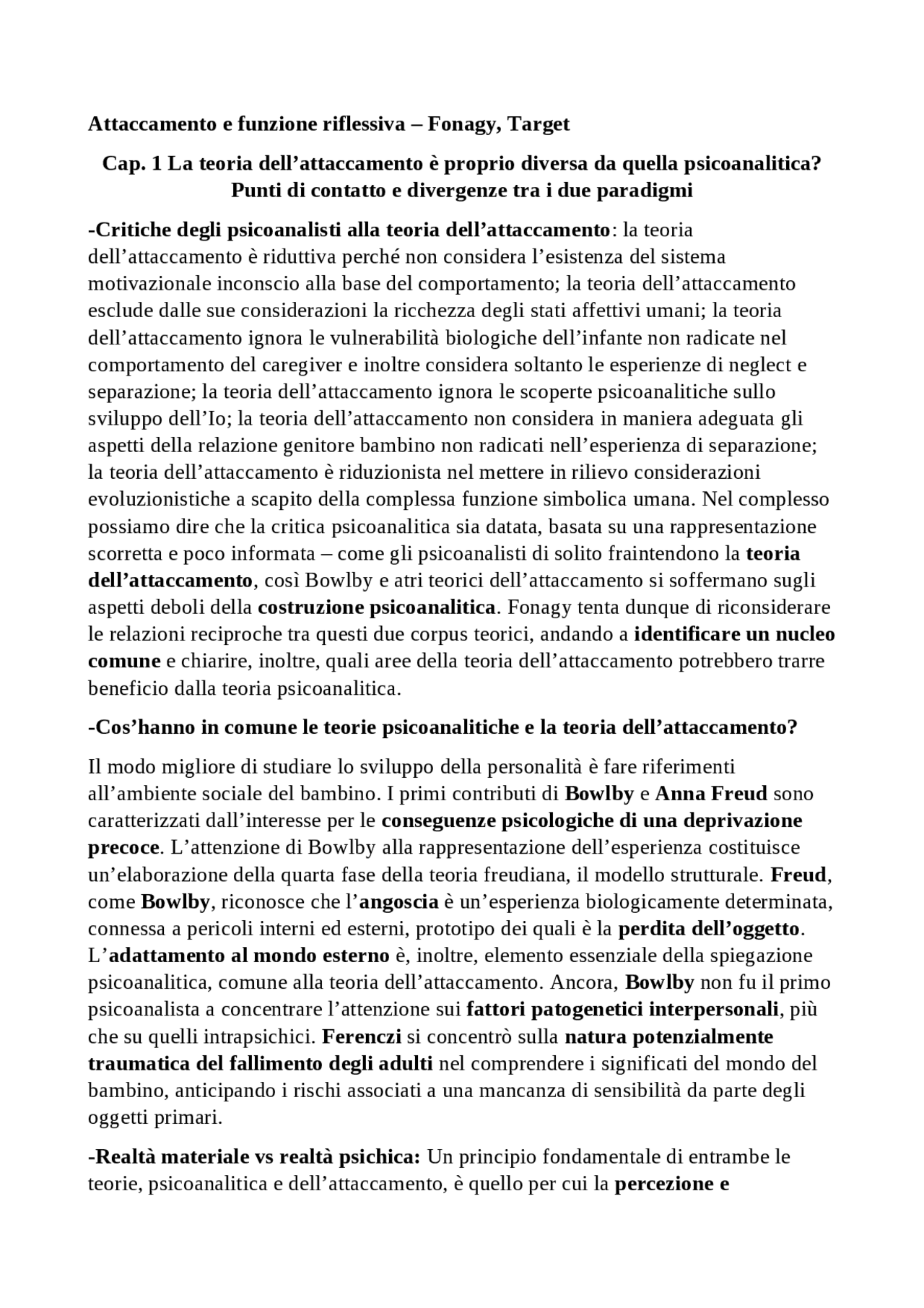 Attaccamento E Funzione Riflessiva Fonagy Target Docsity