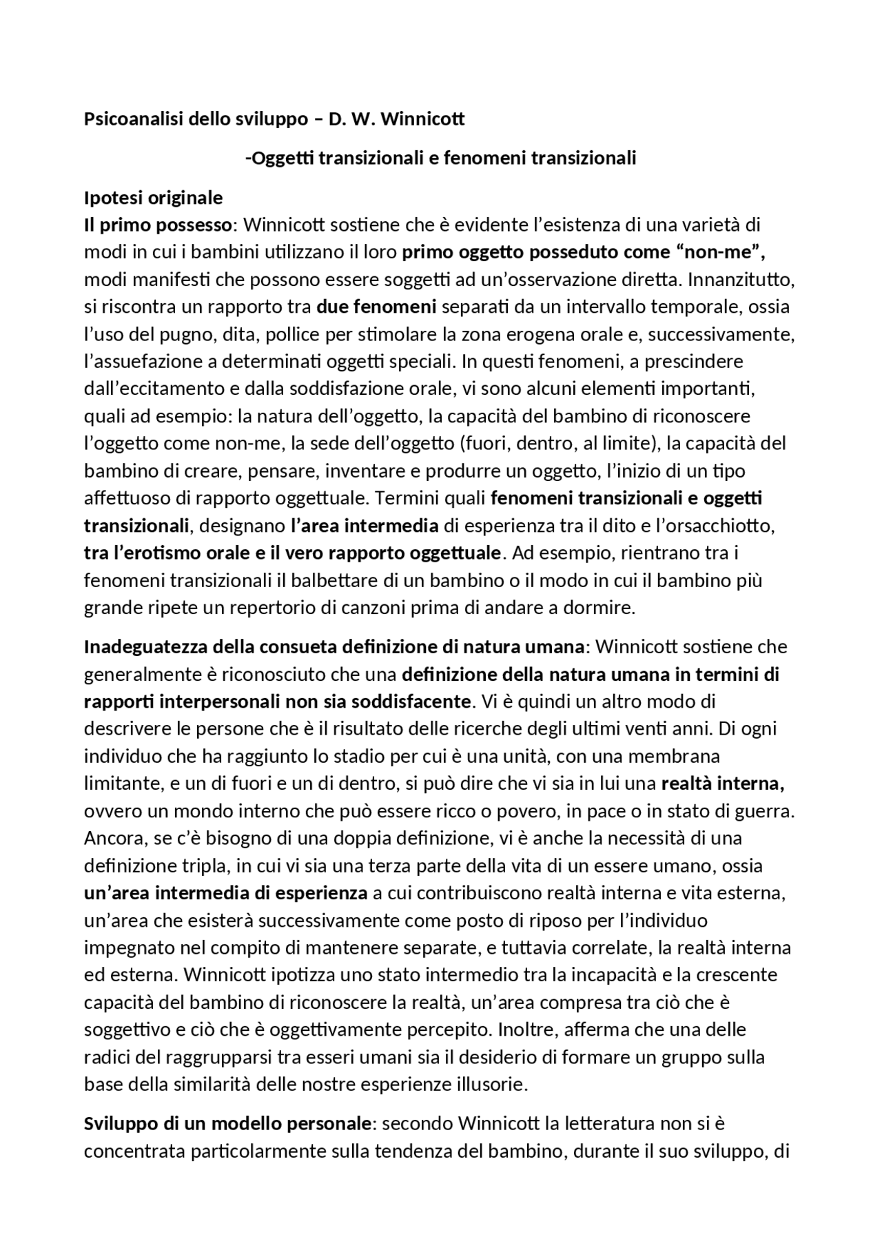 Psicoanalisi Dello Sviluppo Winnicott Docsity