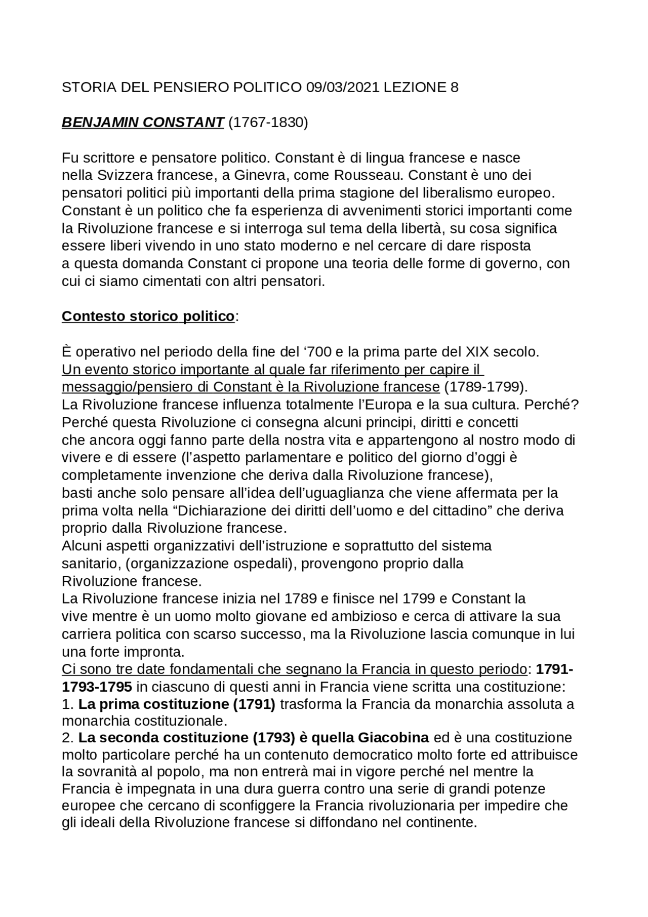 Appunti Dettagliati Benjamin Constant Docsity