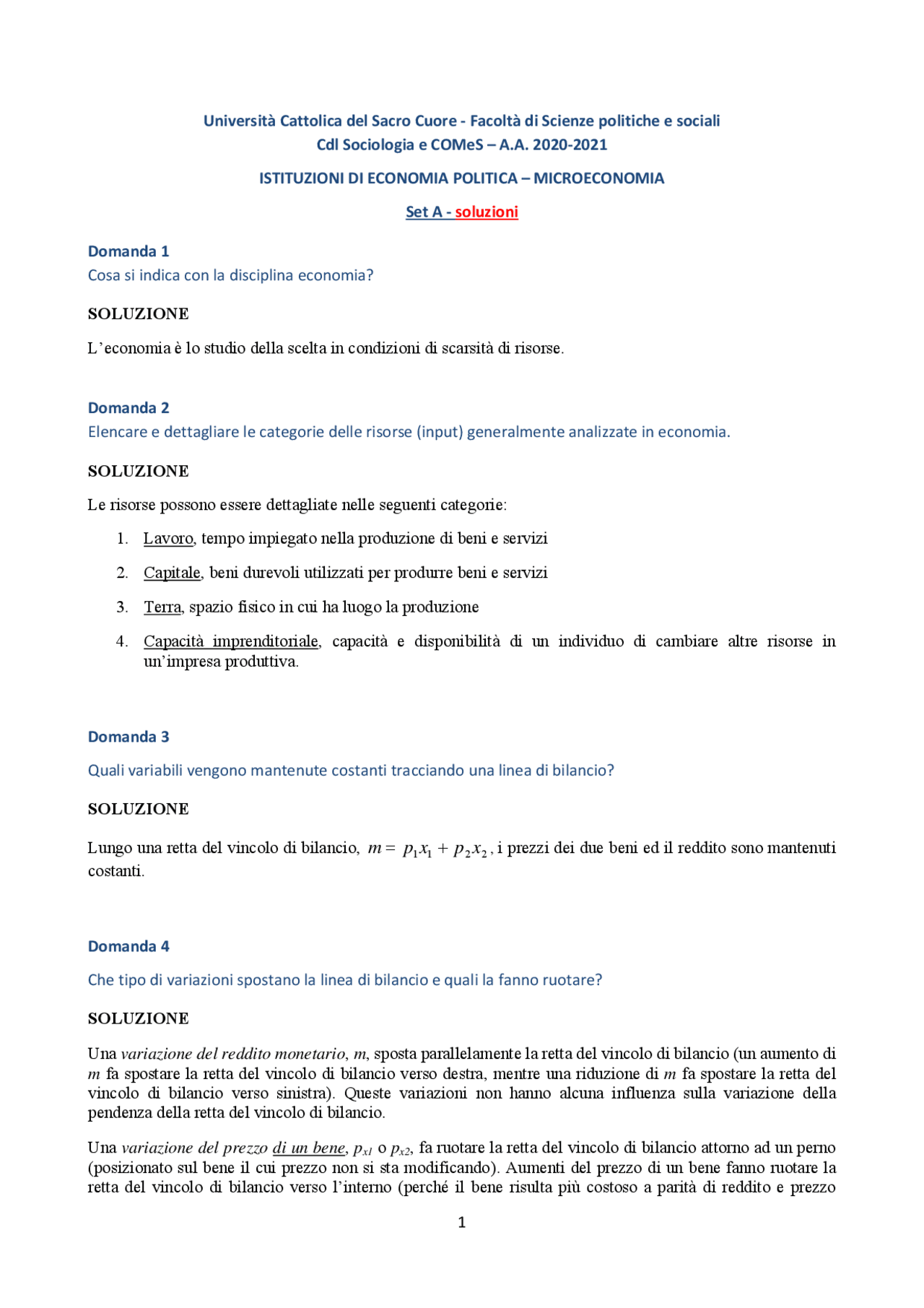 Esercizi Con Soluzioni Di Microeconomia Docsity