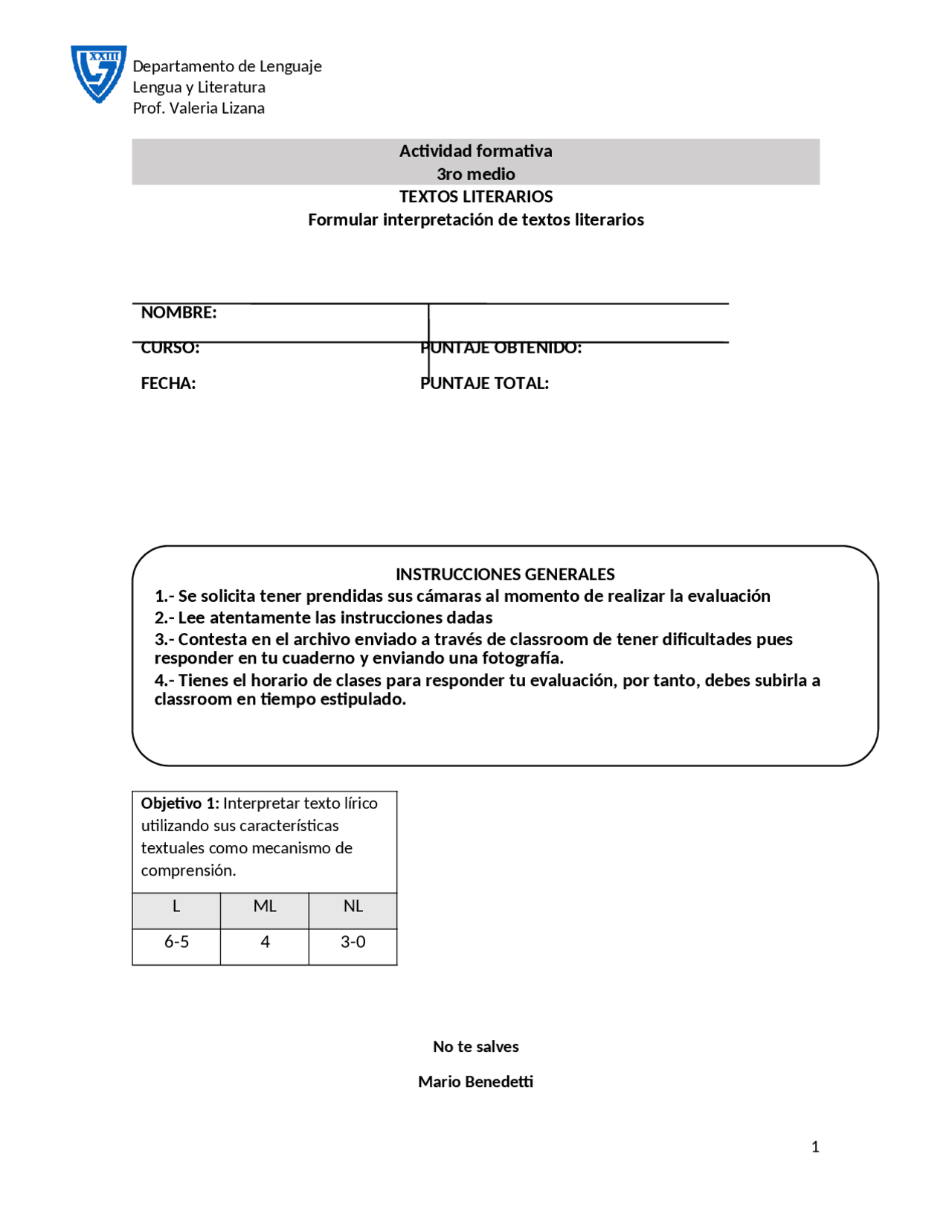 Prueba de lenguaje 3ro medio | Exámenes de Lengua y Literatura | Docsity