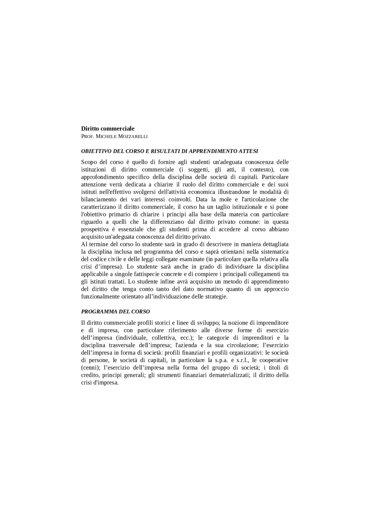 Programma Esame Diritto Commerciale Docsity