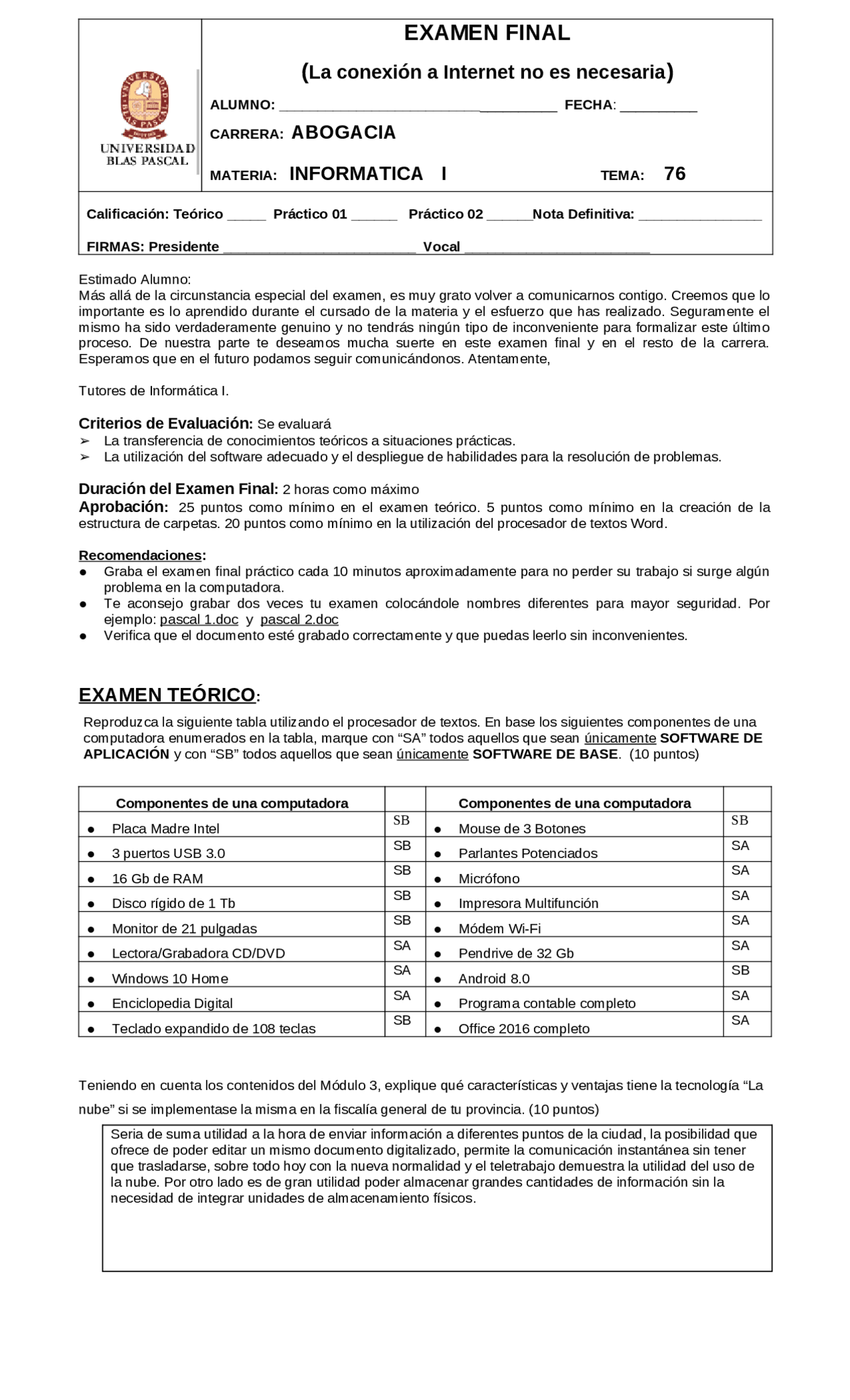 Examen Final De Informática I Docsity