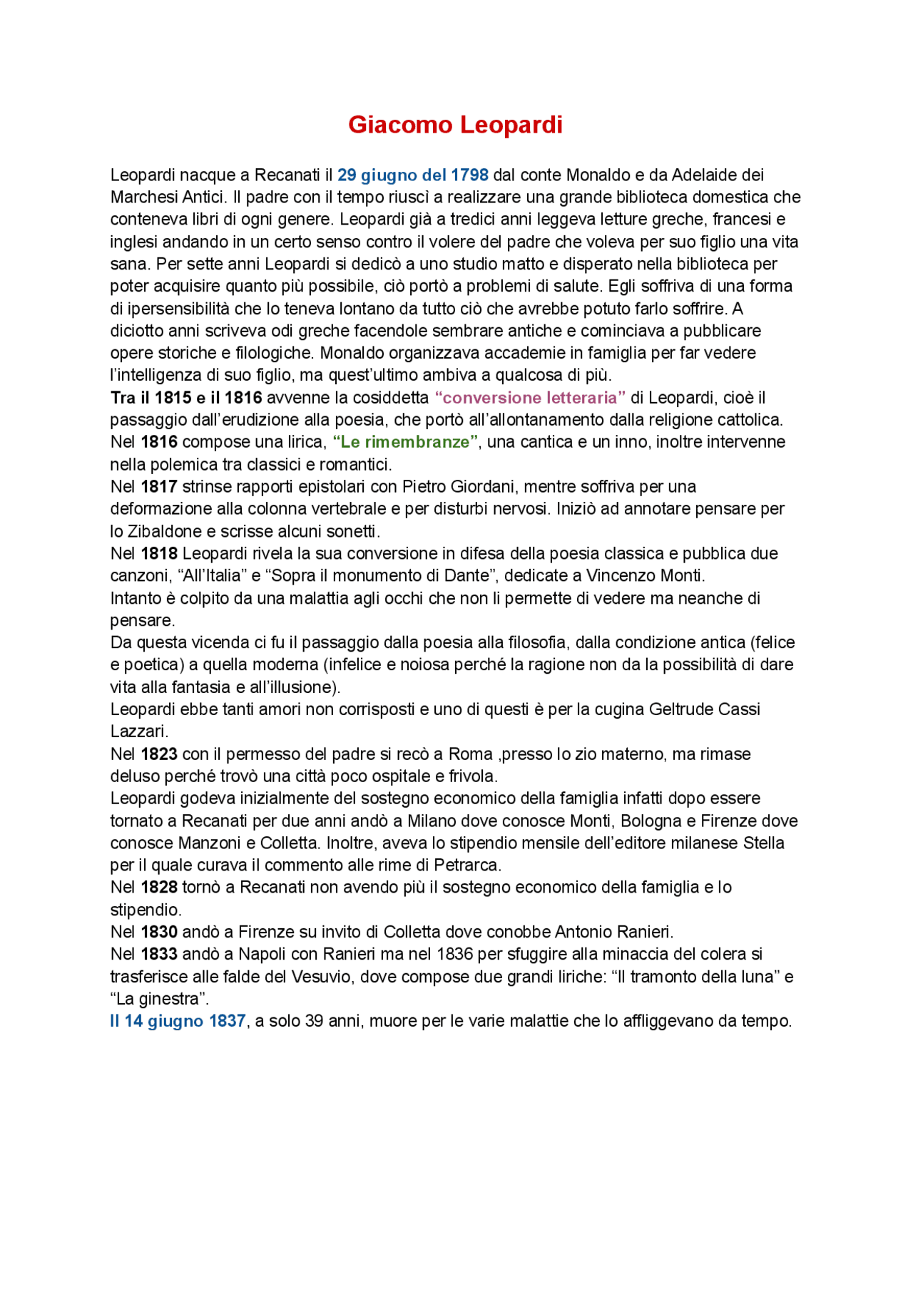Dispensa su Giacomo Leopardi - Docsity