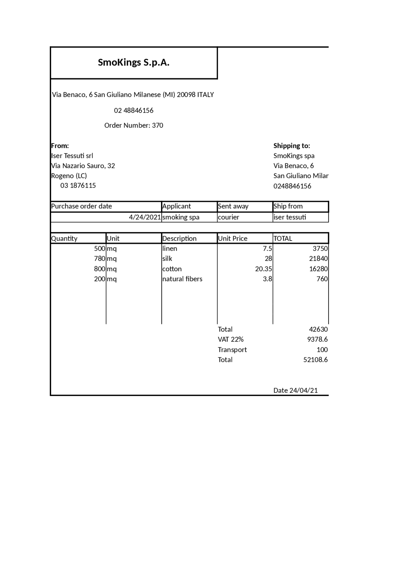 Documento d' ordine, esempio - Docsity