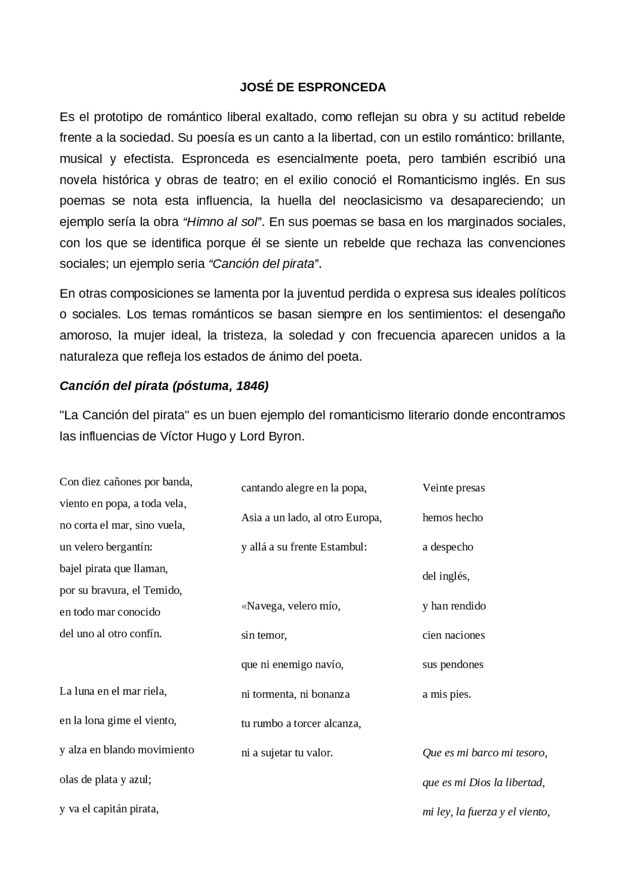 José De Espronceda Canción Del Pirata Docsity