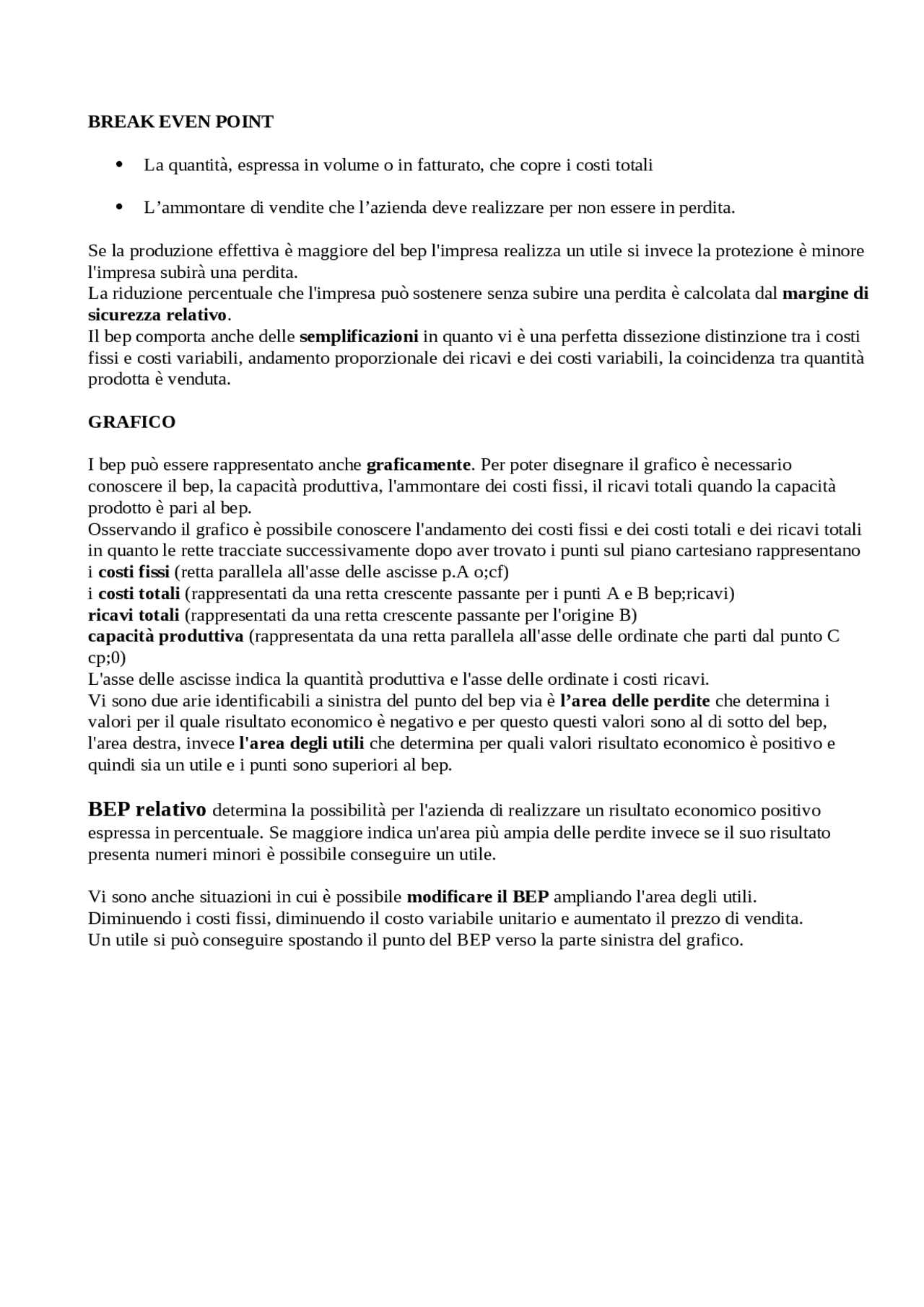 Appunti Break Even Point Docsity