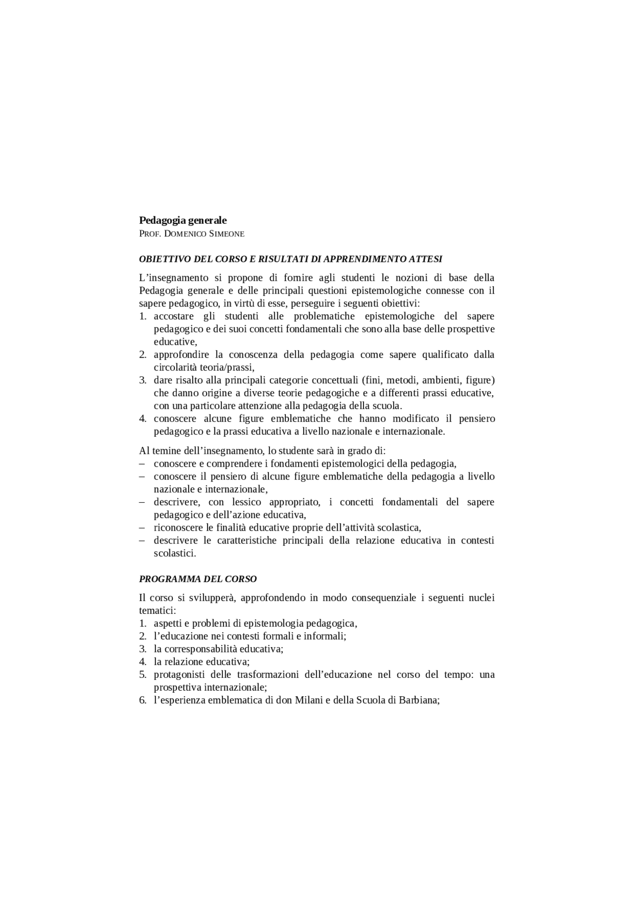 Programma d'esame prof Simeone - Docsity