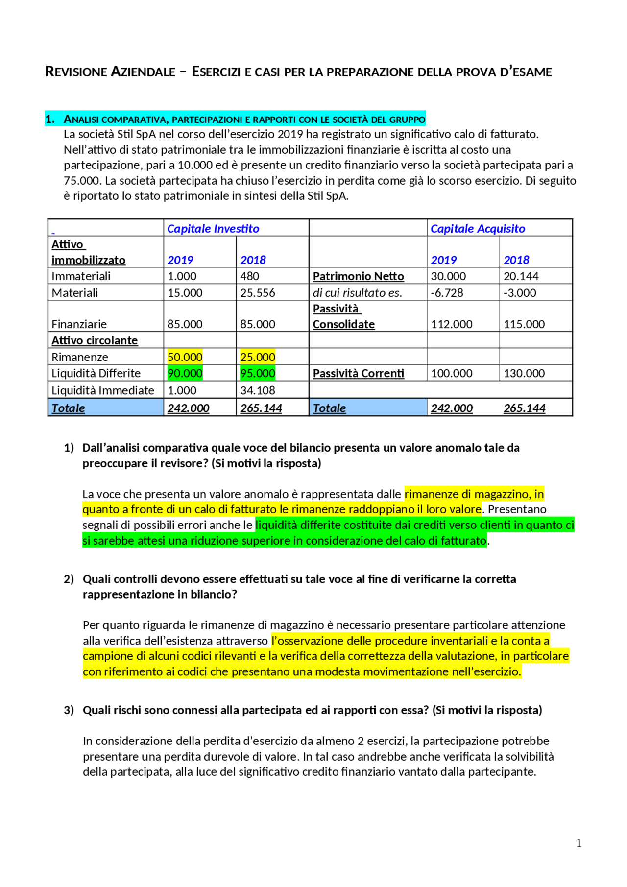 Esempi Esercizi Revisione Aziendale Docsity