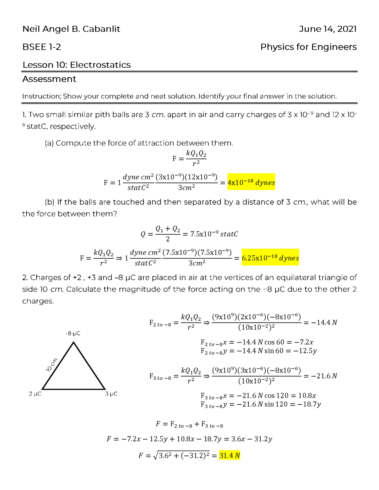 Electrostatic Activity Docsity