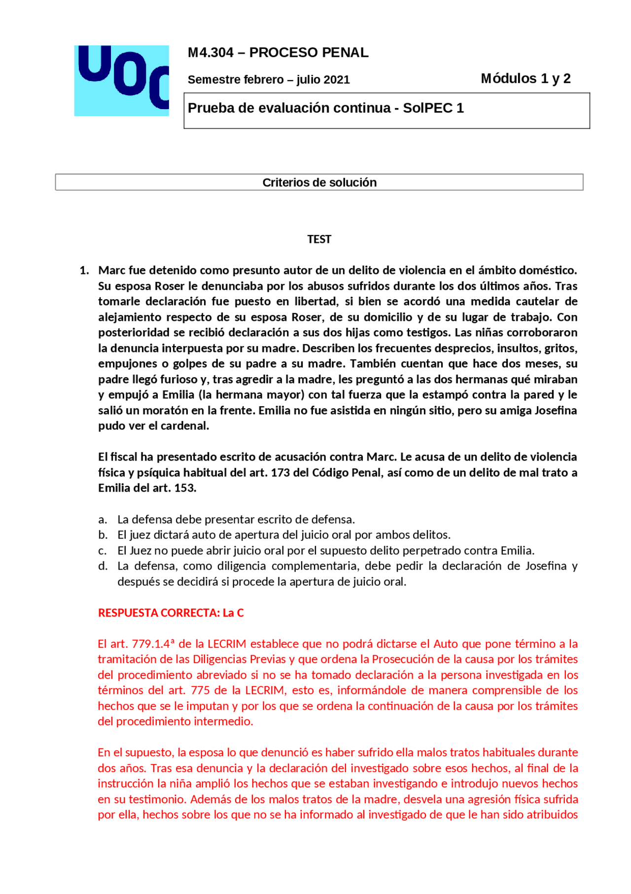 PEC1 Procesal Penal (Solución) - Docsity
