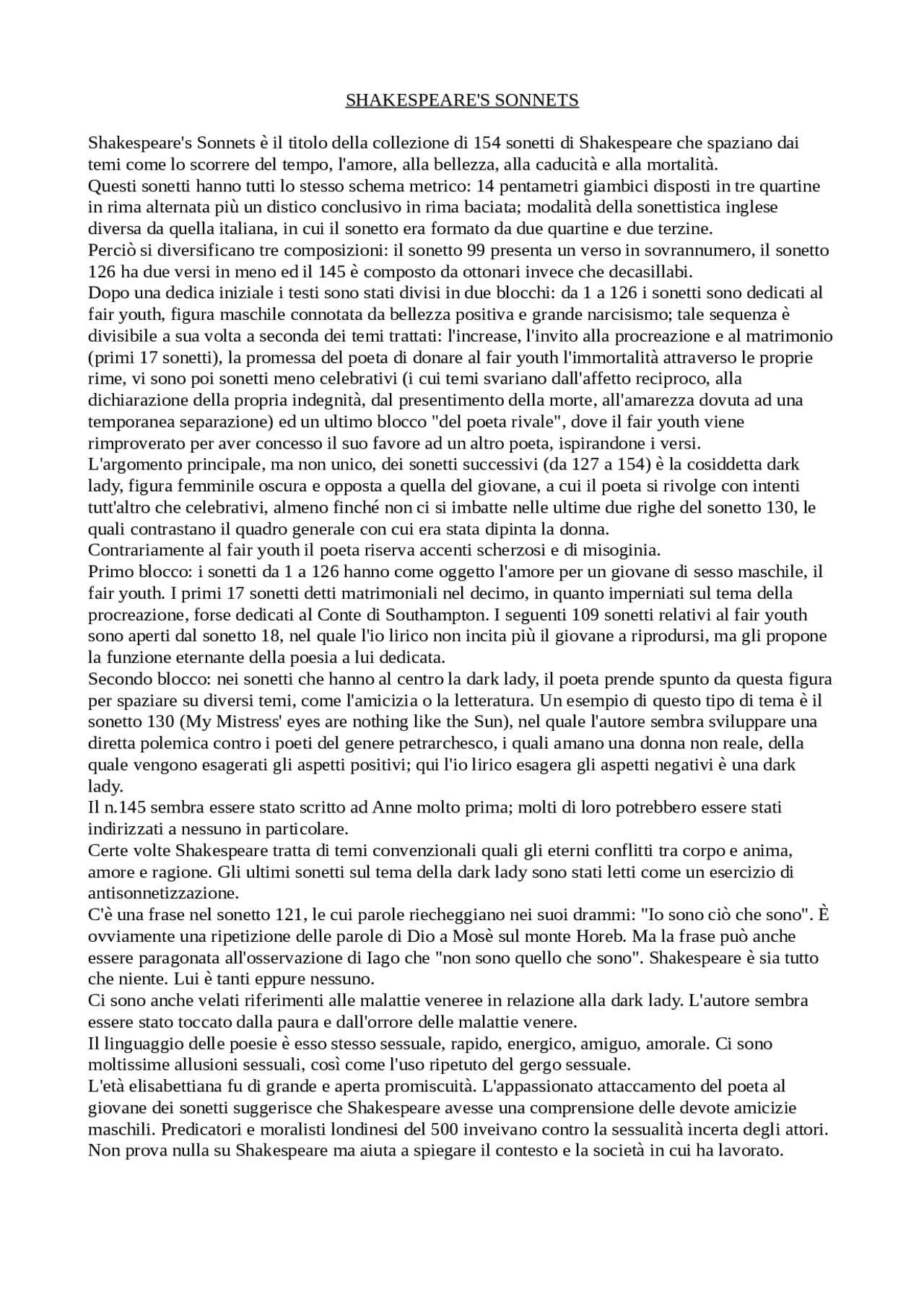 Spiegazione Generale Su Shakespeares Sonnets Docsity