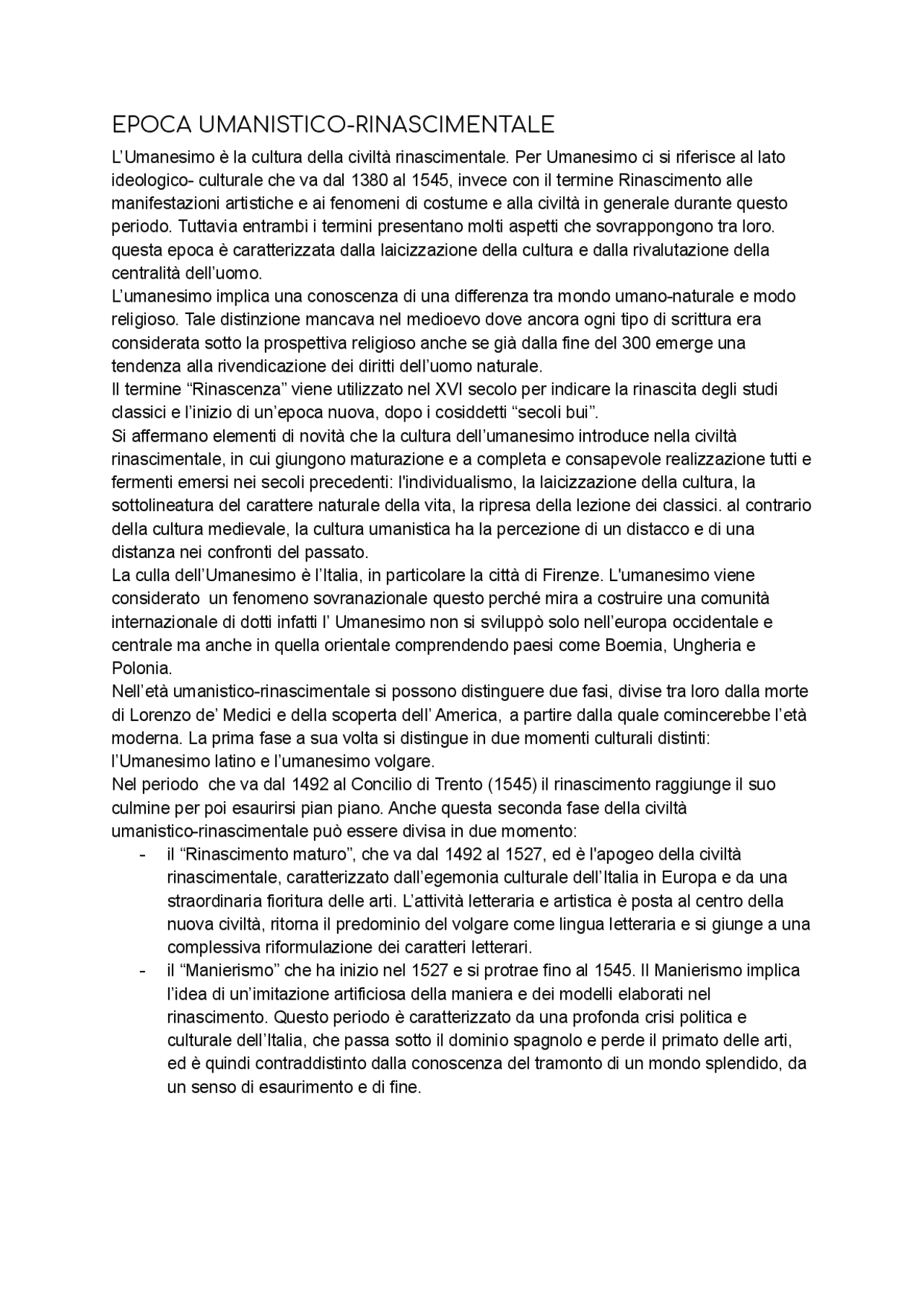 Epoca Umanistico-rinascimentale - Docsity