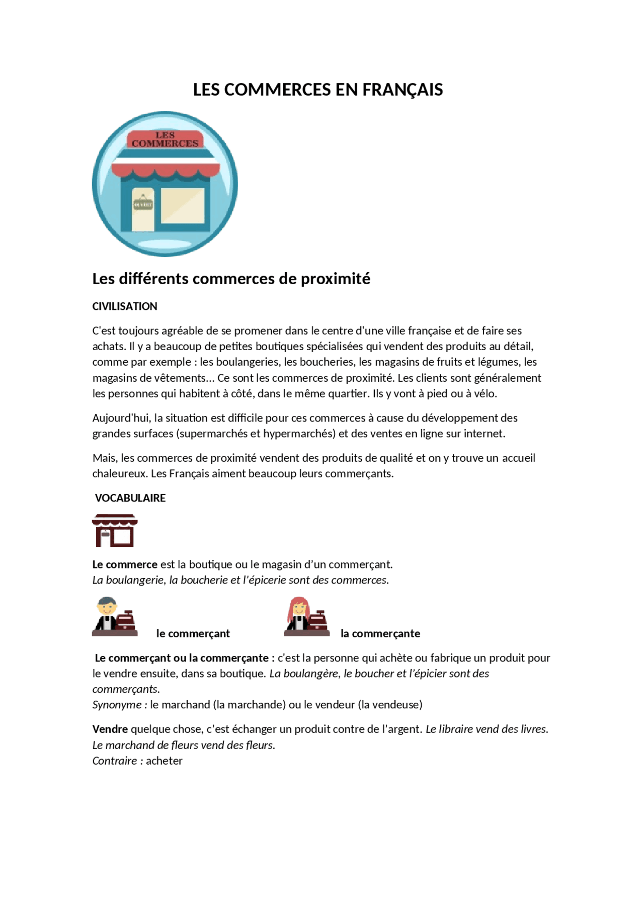 Les commerces en Français - Docsity