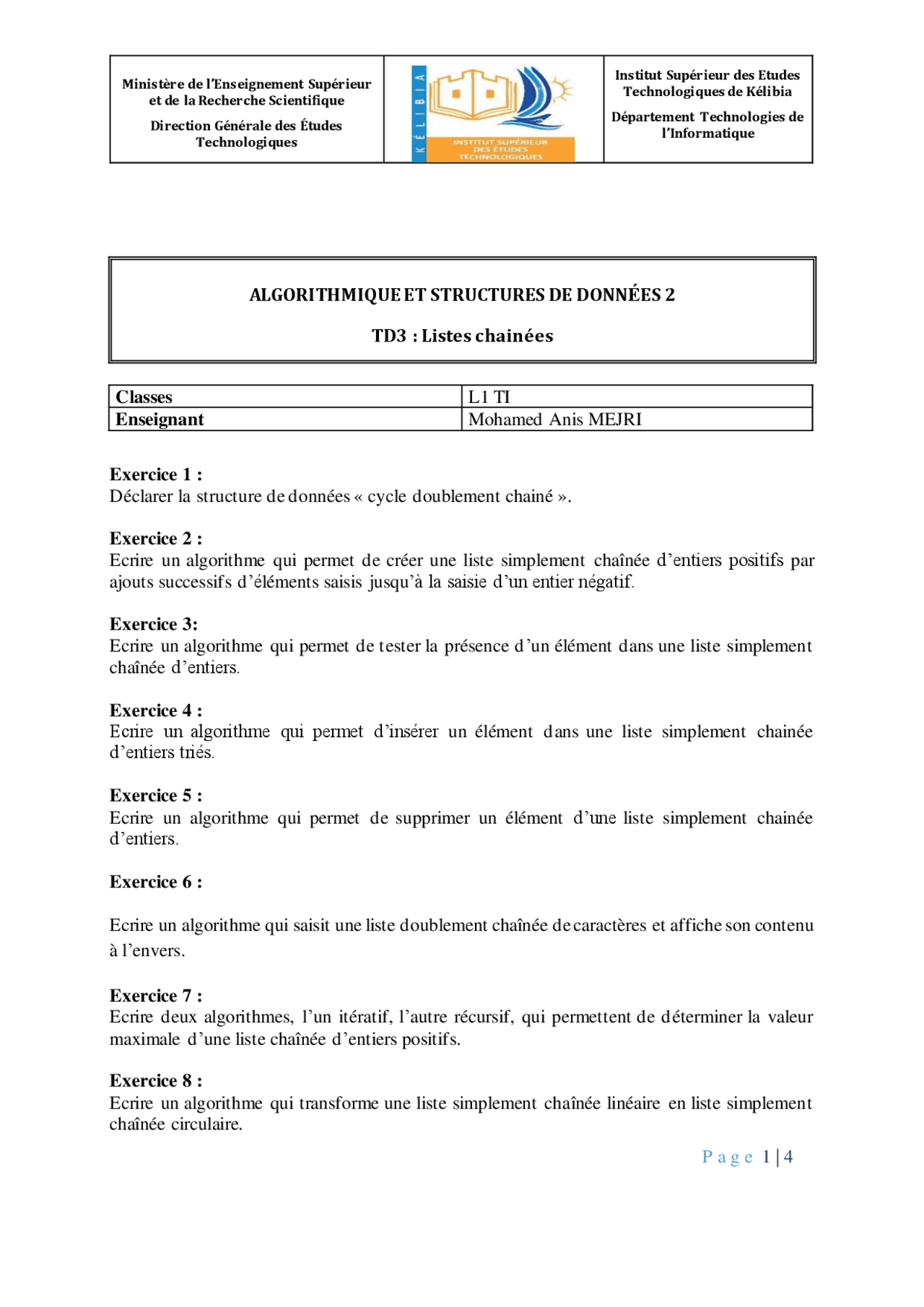 Td Sur Les Listes Chaînées Exercises Algorithms And Programming Docsity