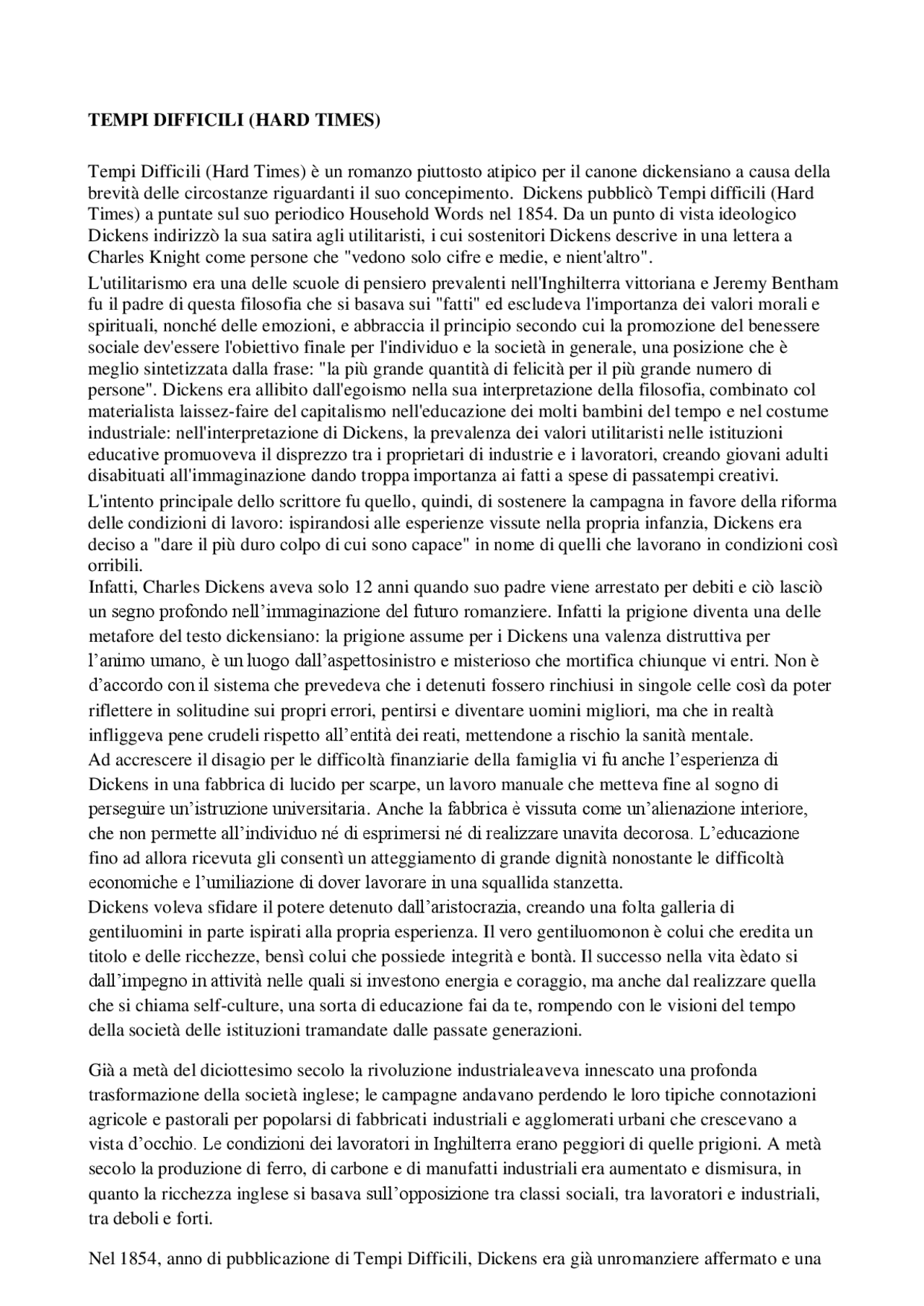 Tempi Difficli - Hard Times, Charles Dickens - Docsity