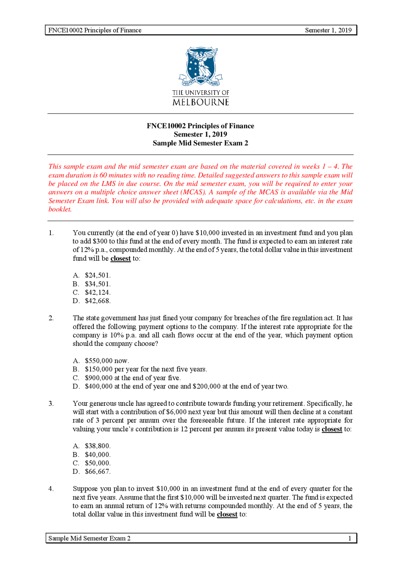 Finance Mid Sem Questions Docsity
