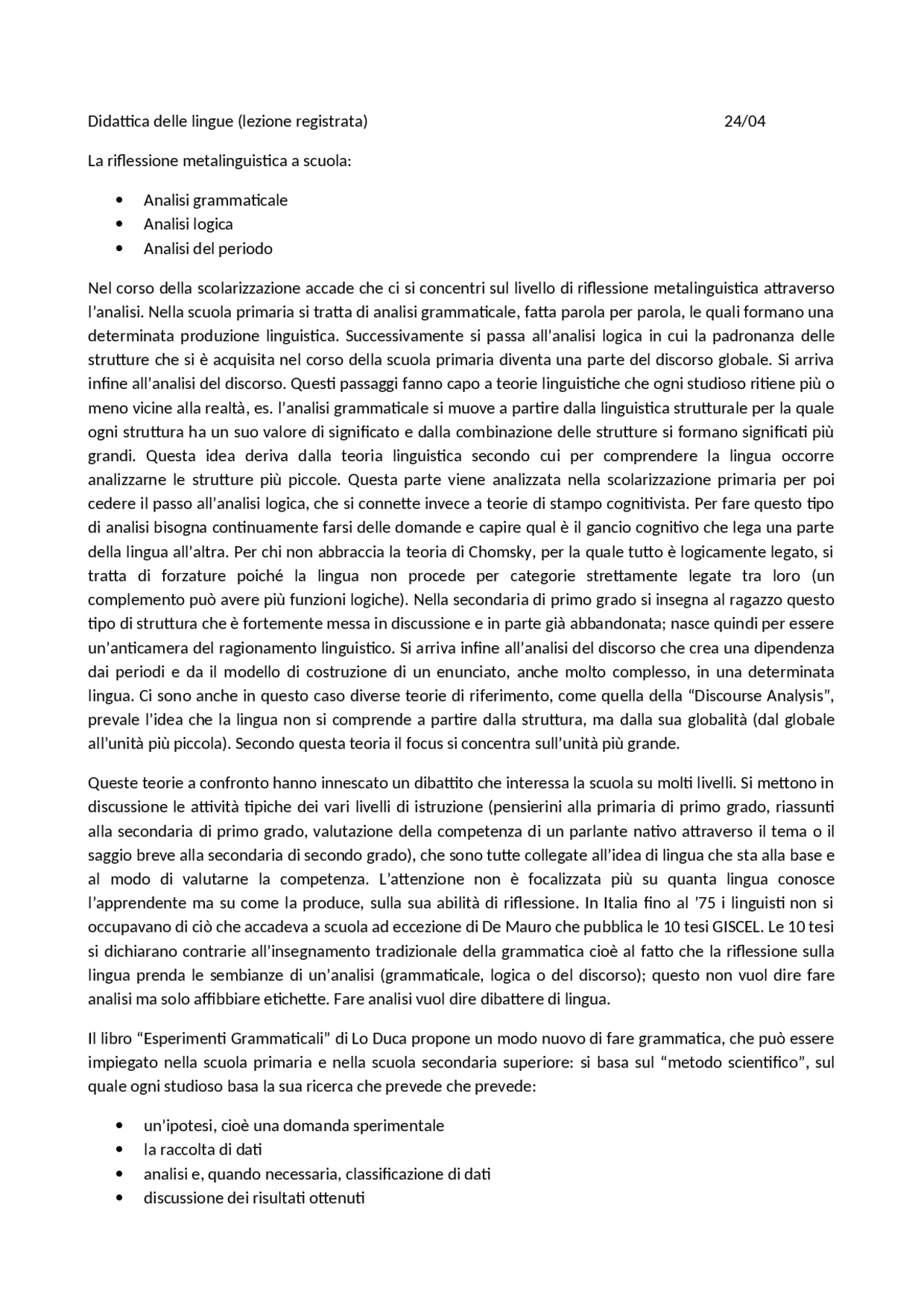 Lezione Esame Didattica Delle Lingue Docsity