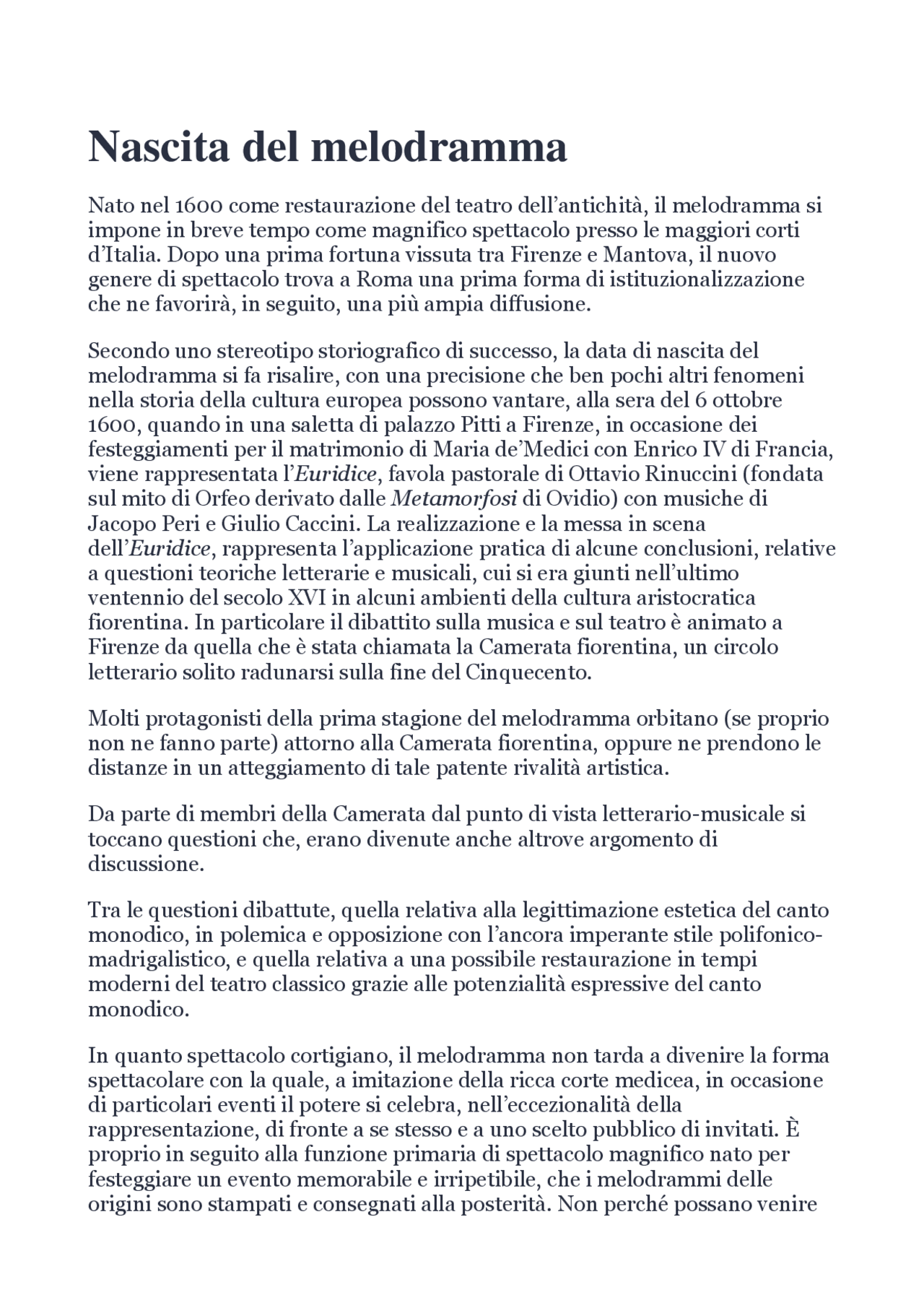 La nascita del Melodramma - Docsity