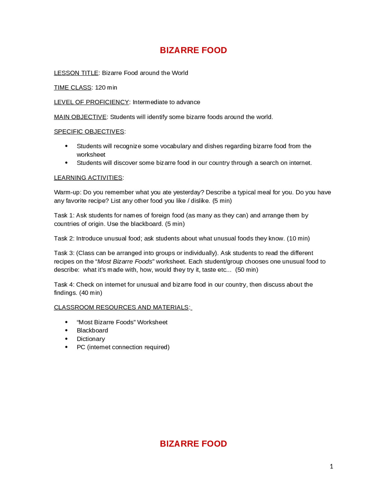 Bizarre Foods lesson plan - Docsity
