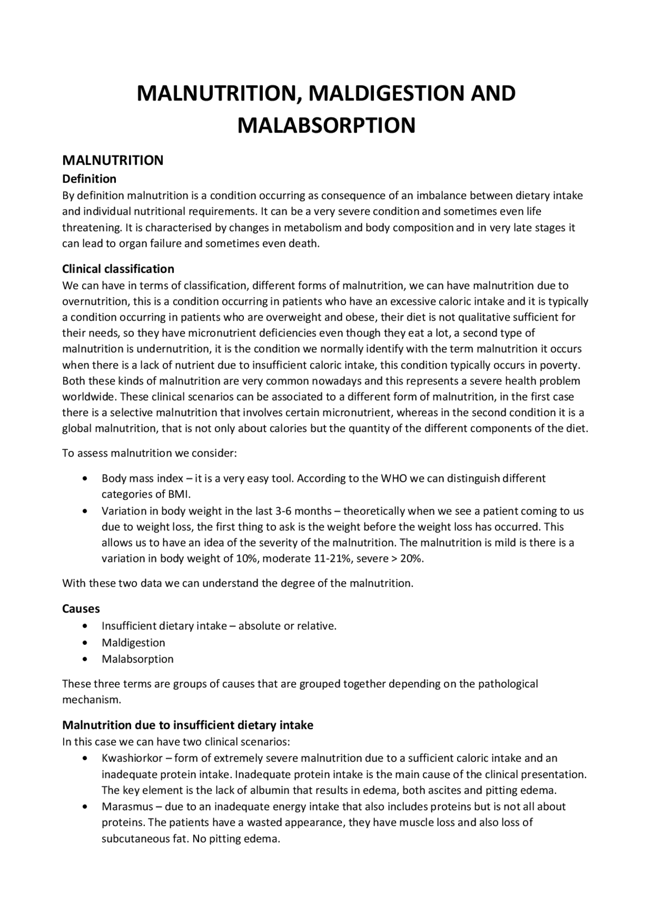 Malnutrition, maldigestion and malabsorption - Docsity