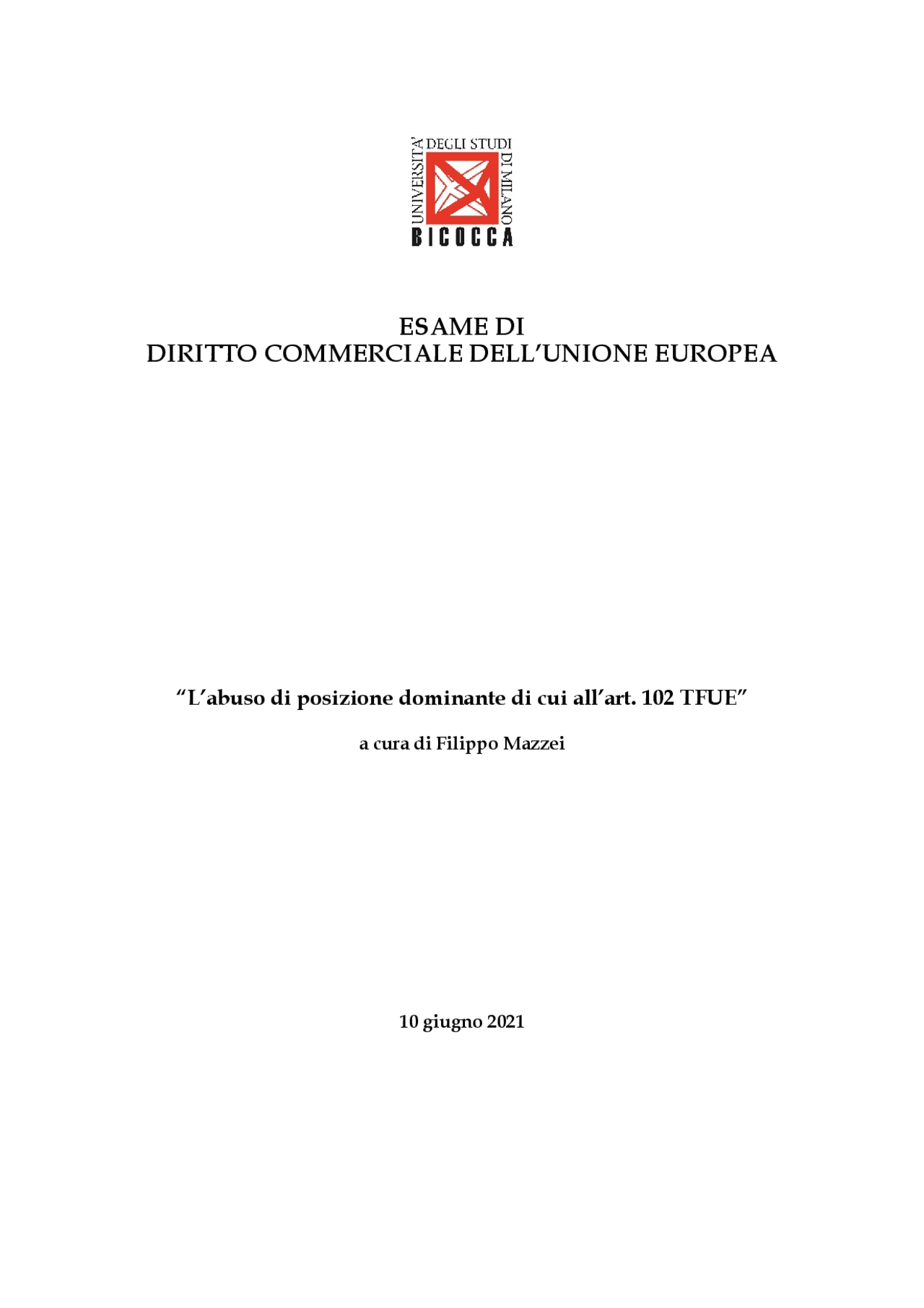 Esame Diritto Commerciale dell'Unione Europea - Docsity
