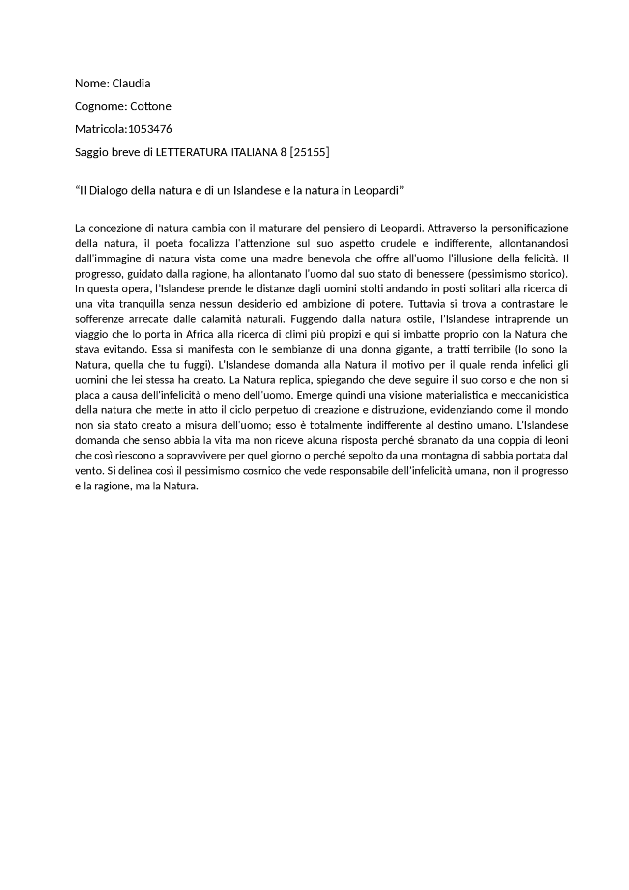 Il Dialogo Della Natura E Di Un Islandese Docsity