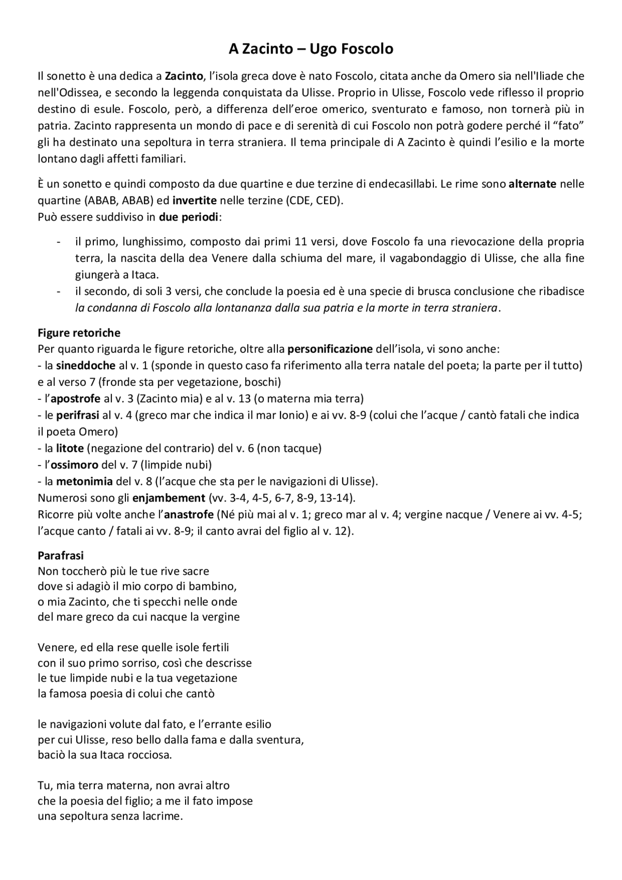 A Zacinto Ugo Foscolo Docsity