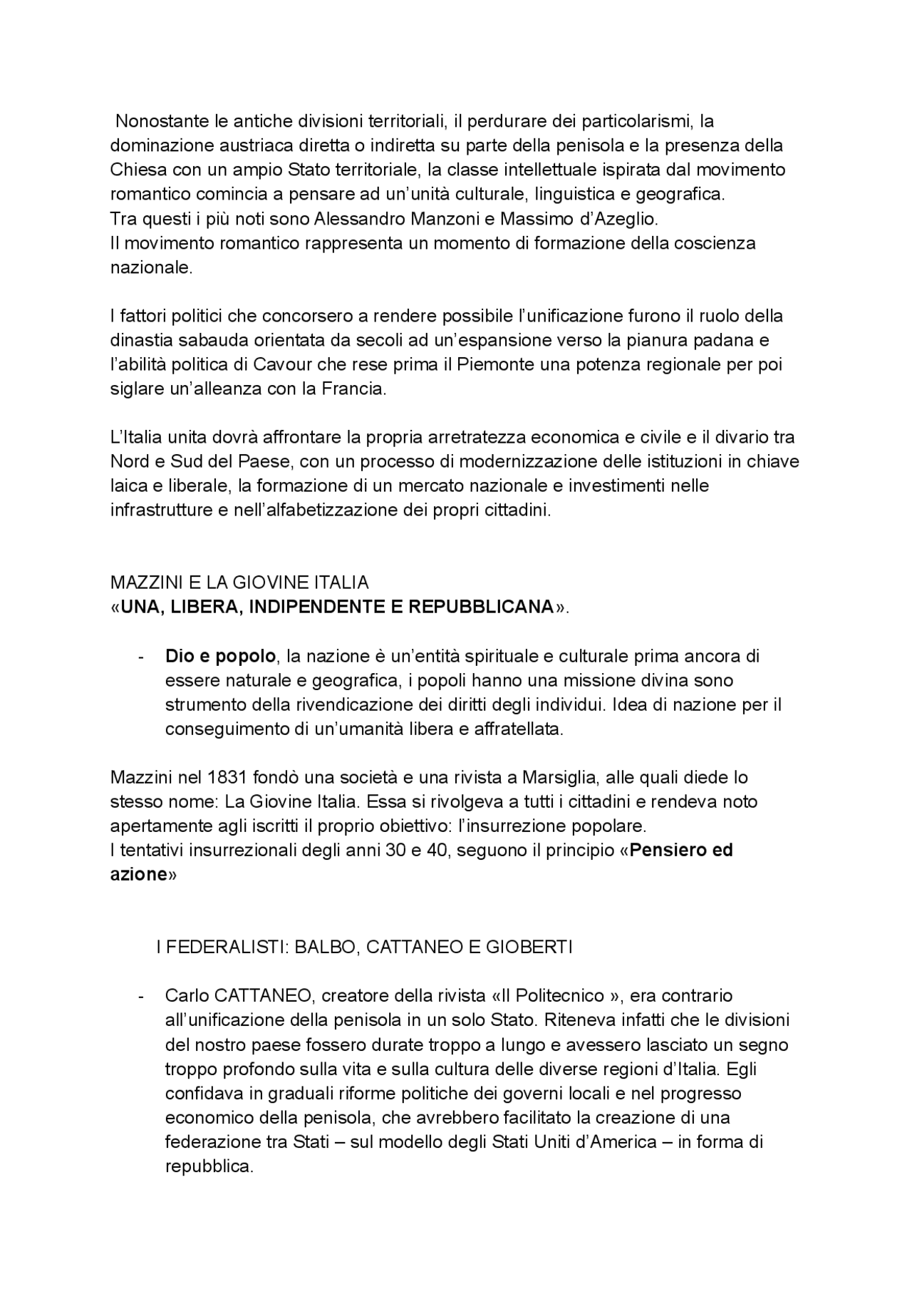 Risorgimento, Dispensa completa - Docsity