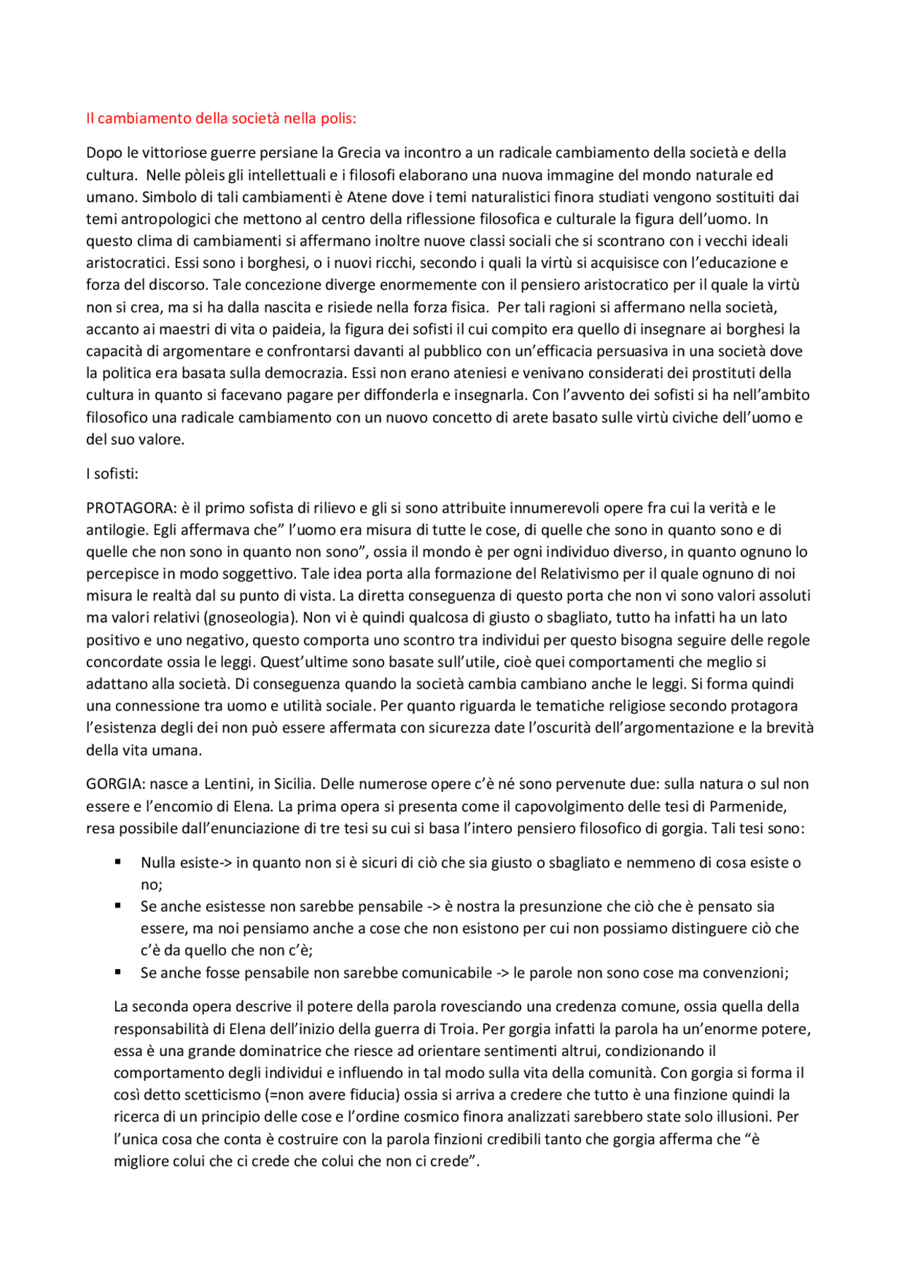 Protagora E Gorgia Riassunto Sintesi Del Corso Di Filosofia Docsity