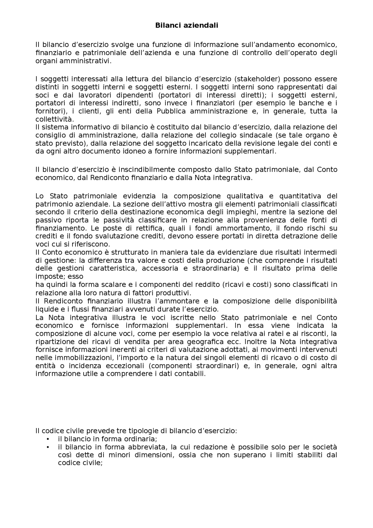 Riassunto Sul Bilancio Docsity