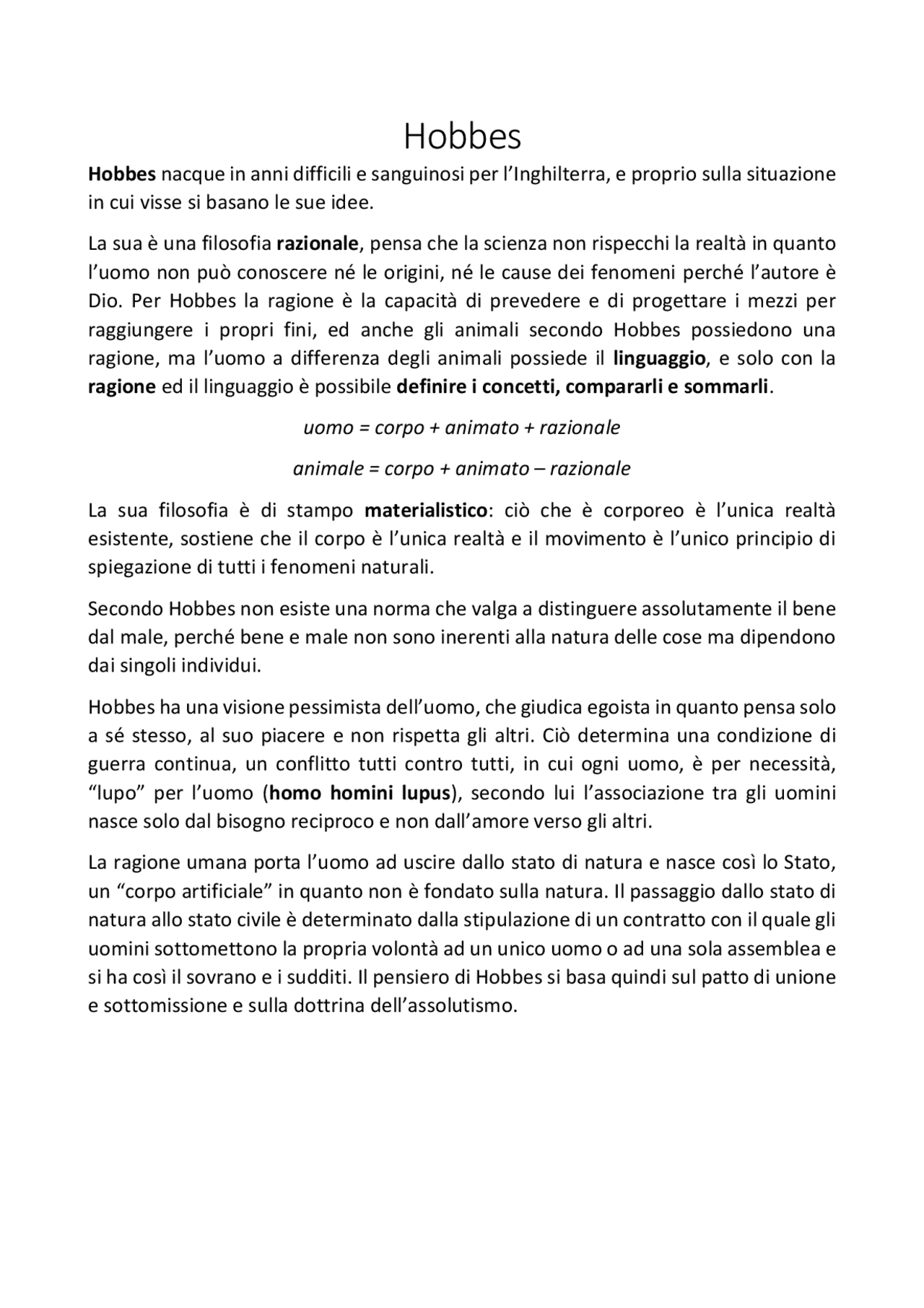 Appunti Su Thomas Hobbes Docsity