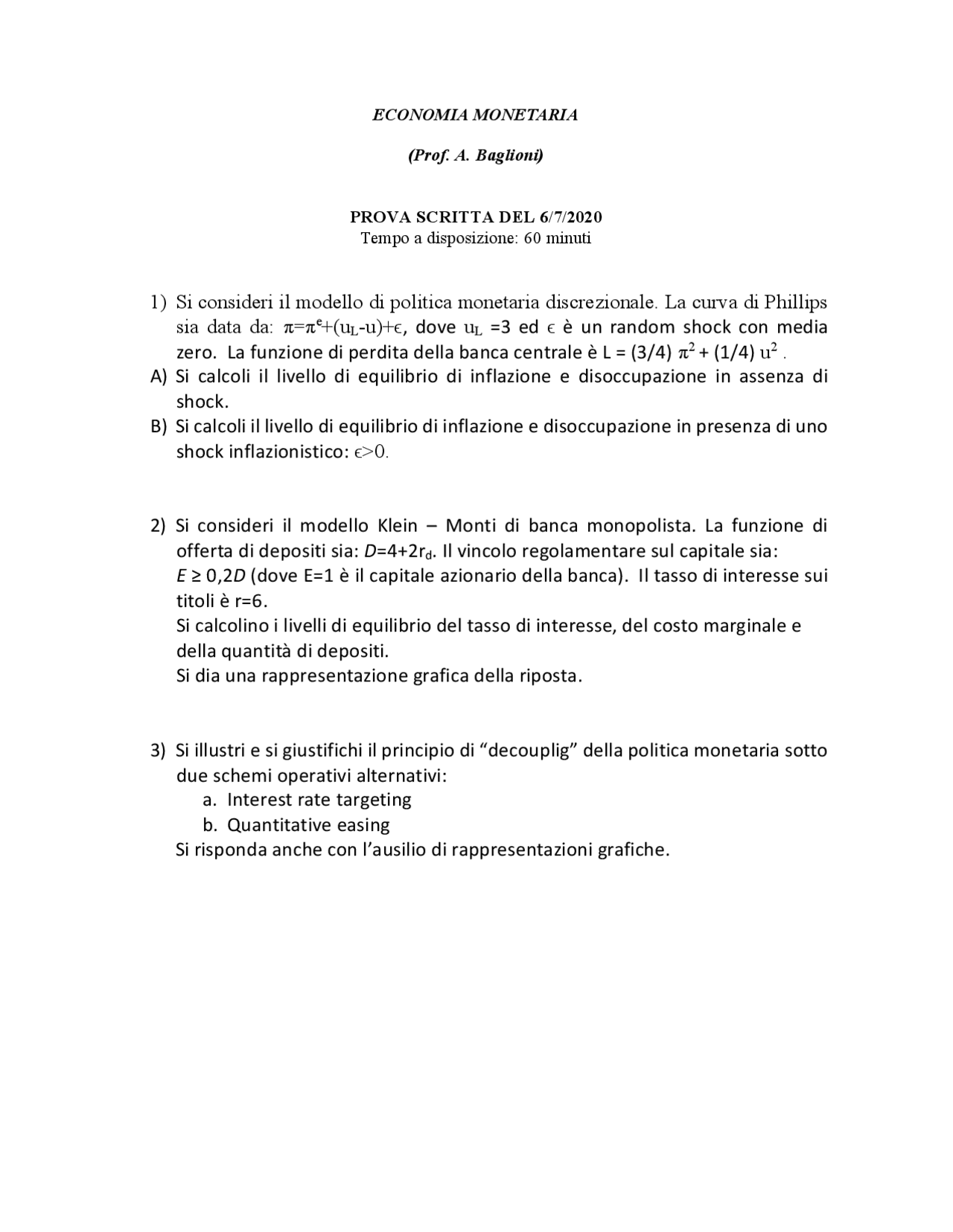 Prova Esame Economia Monetaria Docsity