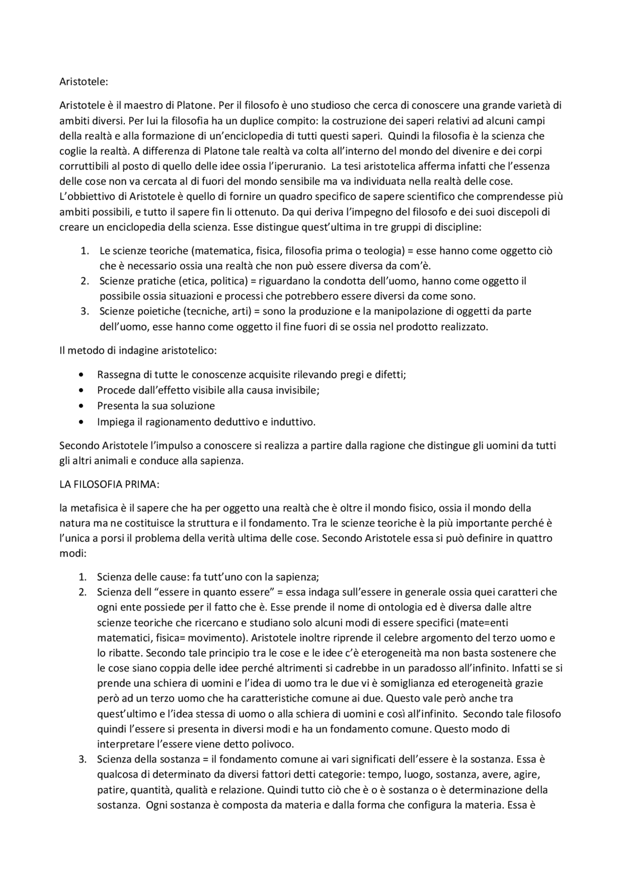 Aristotele Riassunto Docsity