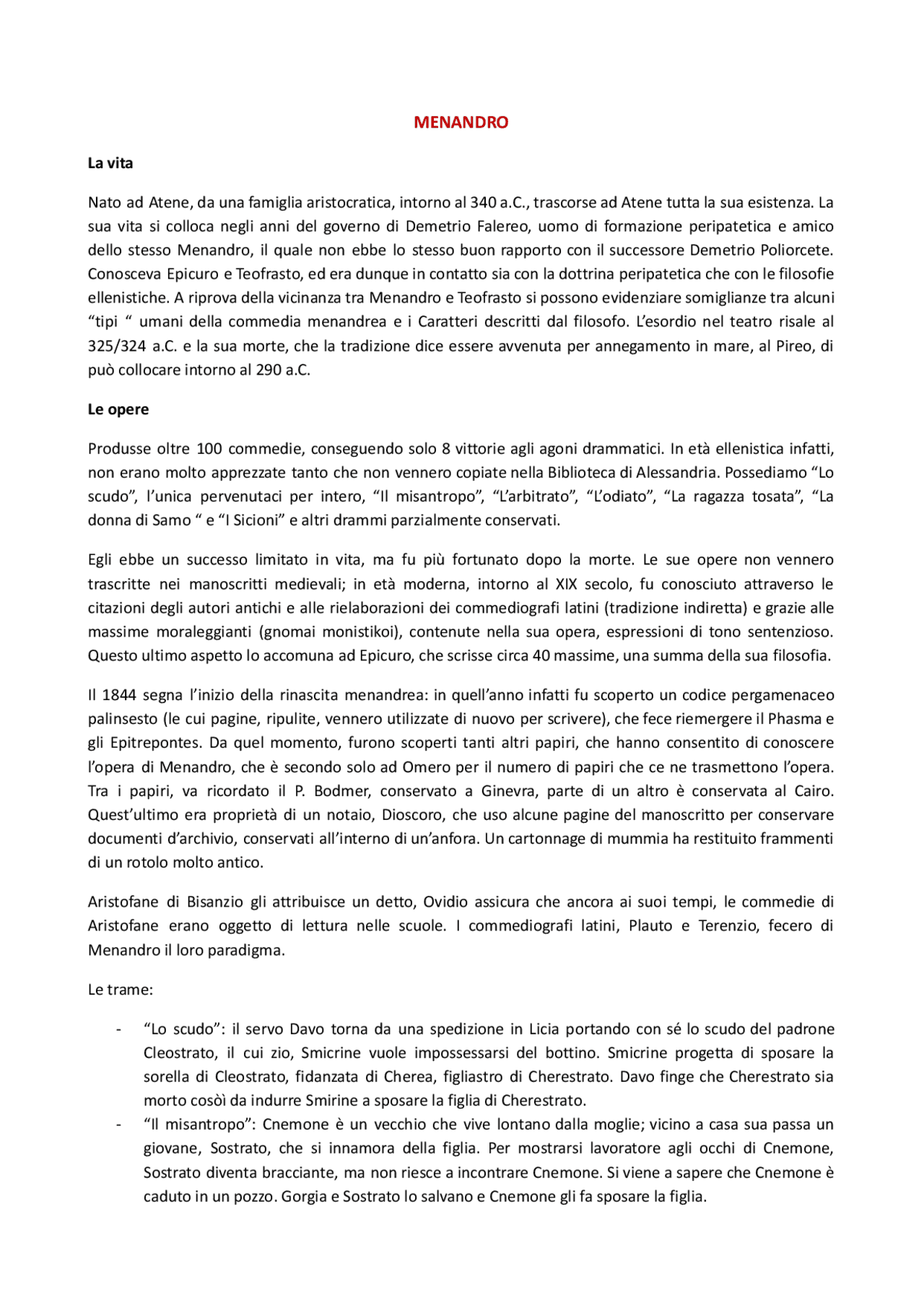 Vita E Opere Di Menandro Docsity