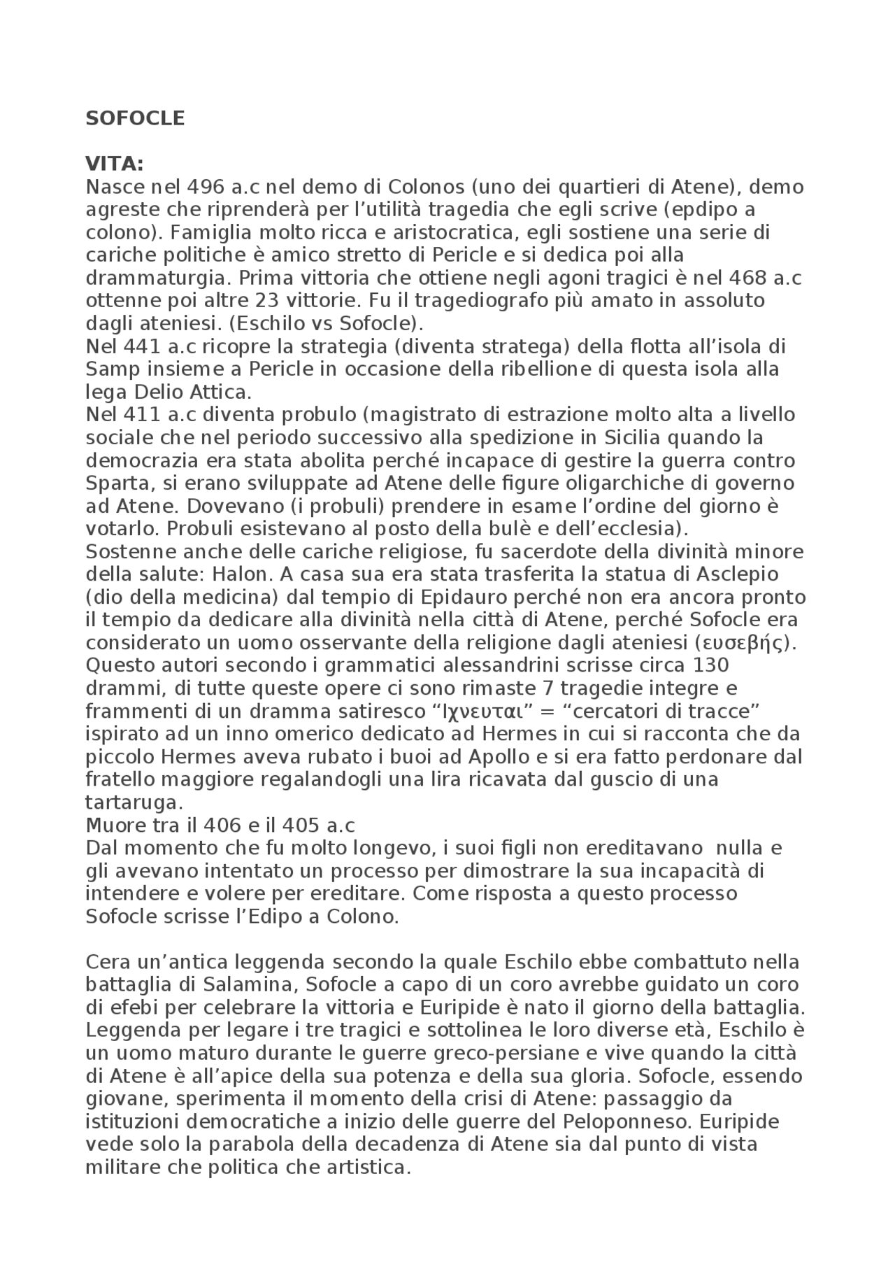 Riassunto Vita E Opere Di Sofocle Docsity