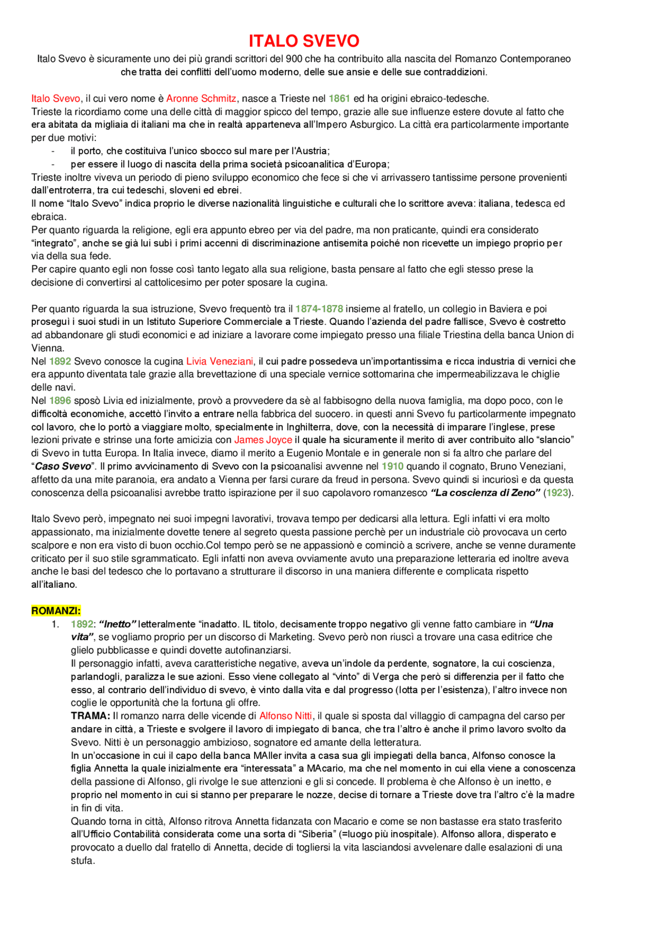 Italo Svevo - Vita, Opere e Pensiero Poetico - Docsity