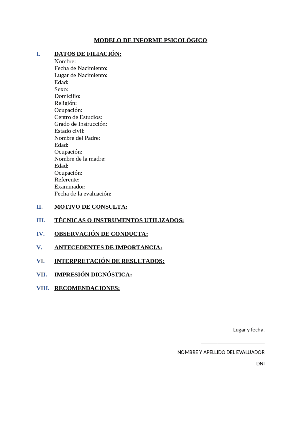 Modelo de Informe Psicológico - Docsity
